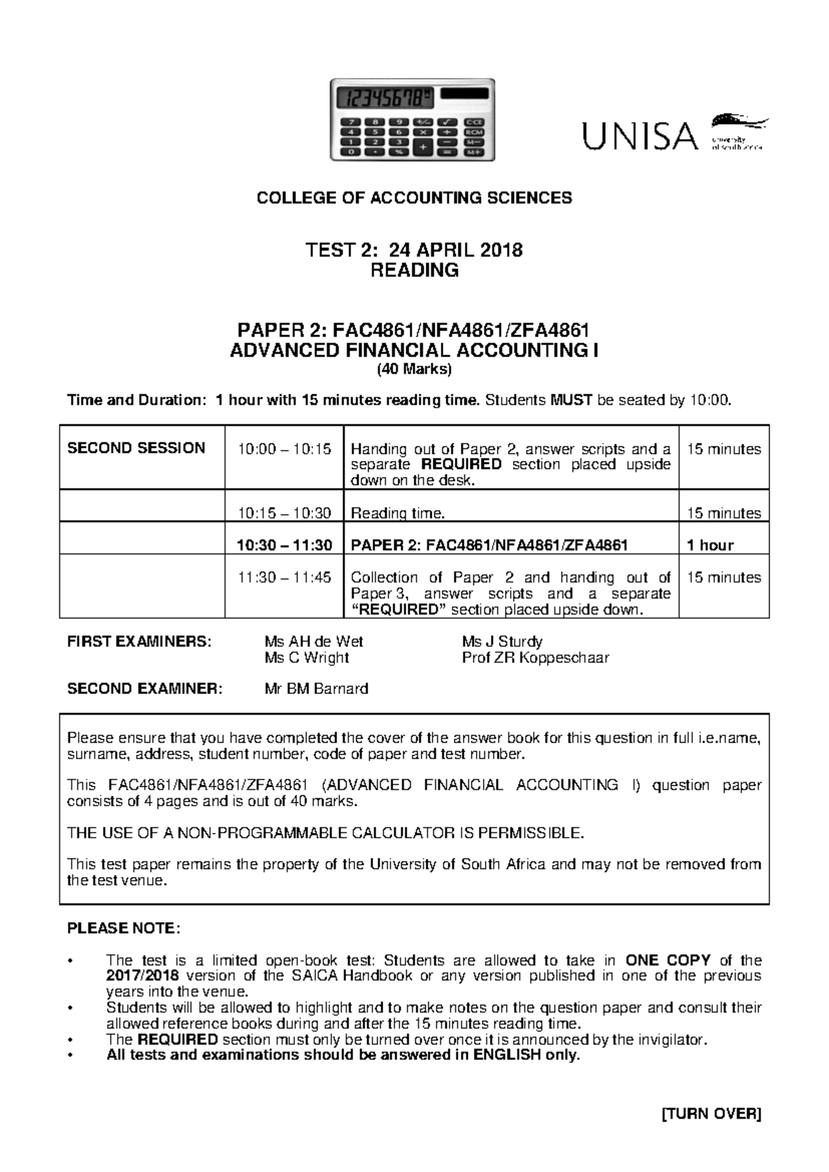 FAC4861 Test 2 2018 - Stein Oops Ltd - Q - COLLEGE OF ACCOUNTING ...