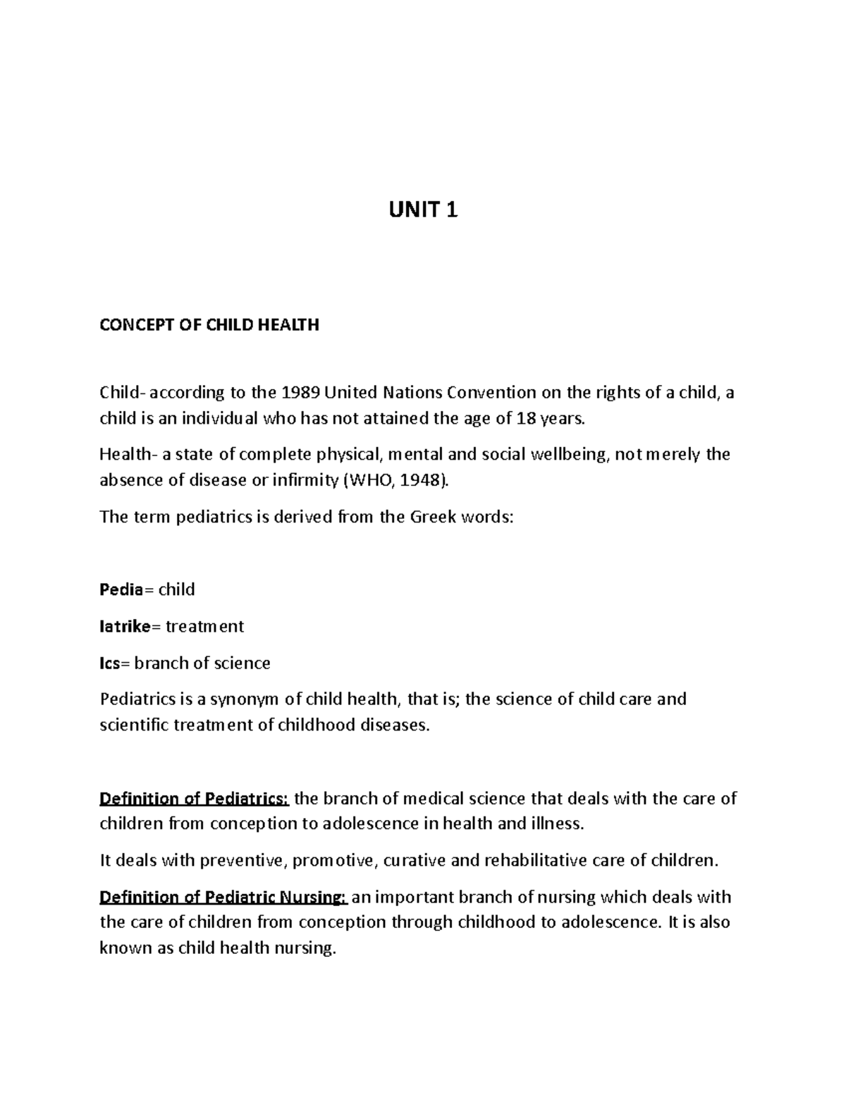 Child Health Nursing UNIT 1 - UNIT 1 CONCEPT OF CHILD HEALTH Child ...