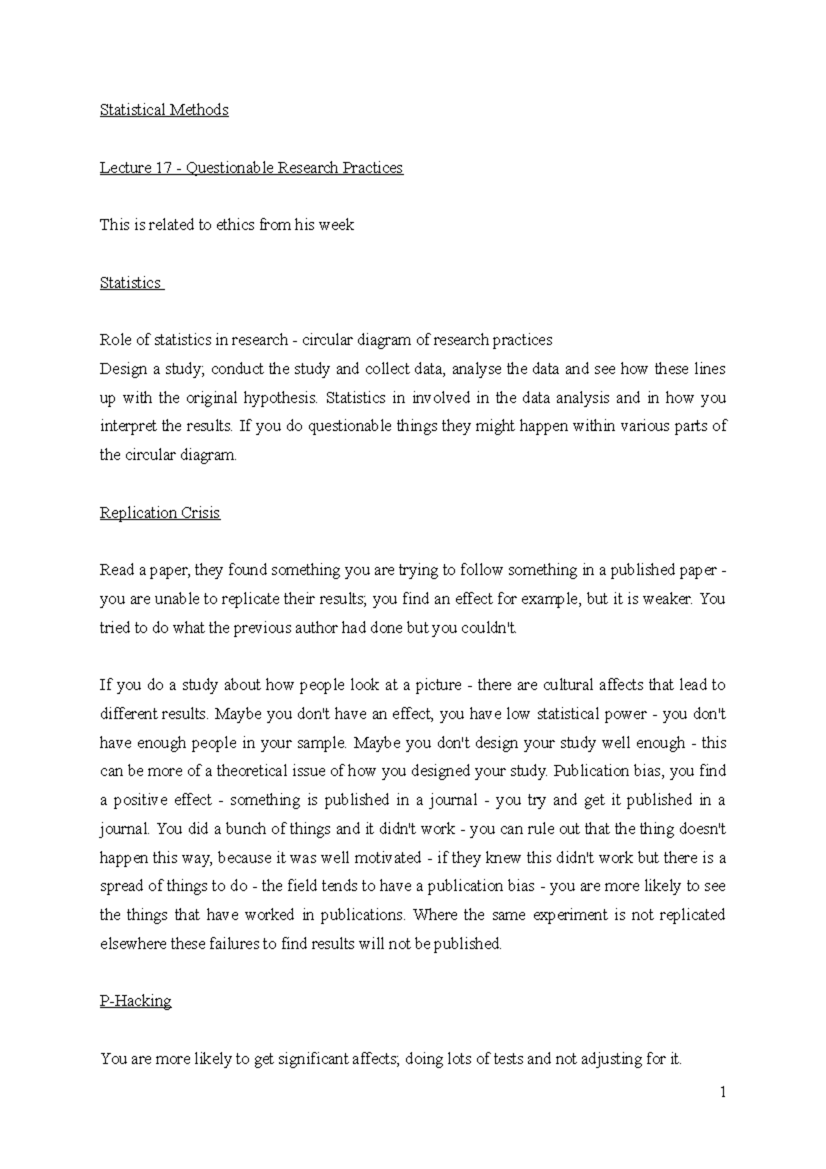 Lecture 5 Stats - Statistical Methods Lecture 17 - Questionable ...