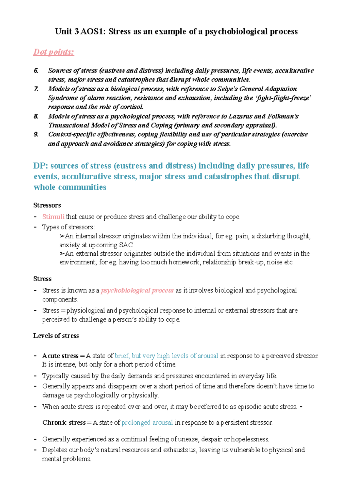 Stress notes - Unit 3 area of study 1, SAC 2 - Unit 3 AOS1: Stress as ...