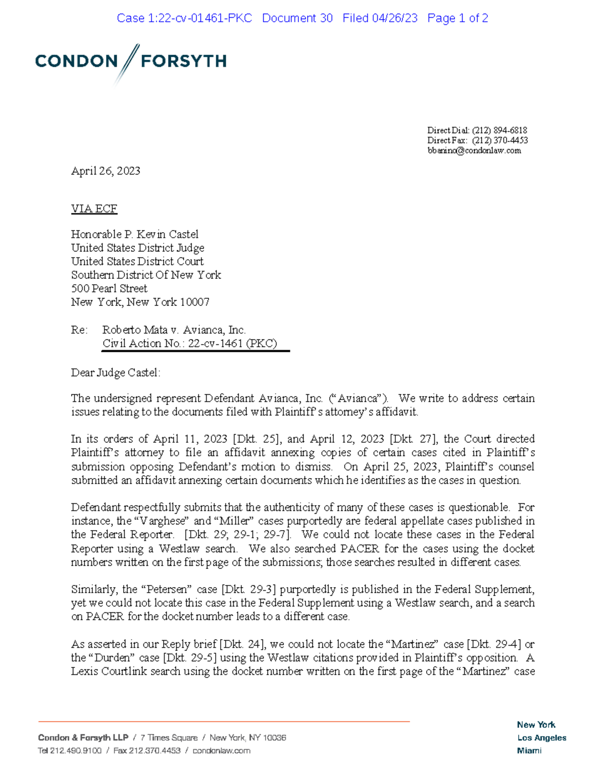 Mata v. Avianca (2023) - Law paper - April 26, 2023 VIA ECF Honorable P ...