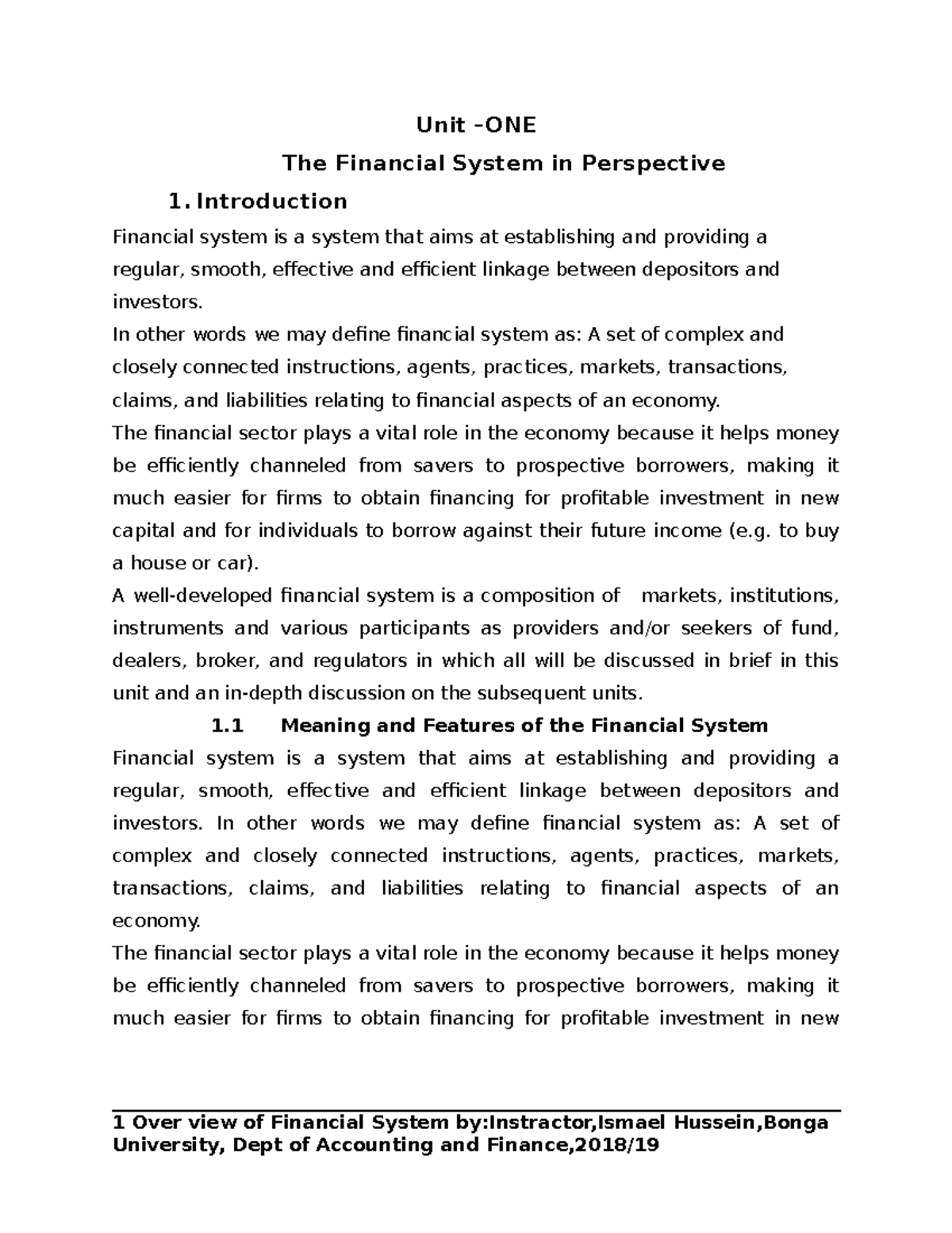 Overview of FS - doc - Unit –ONE The Financial System in Perspective 1 ...