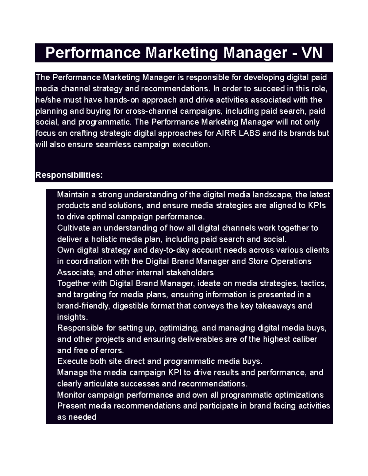 Airr Labs - Performance MKT Manager (VN) - Performance Marketing ...