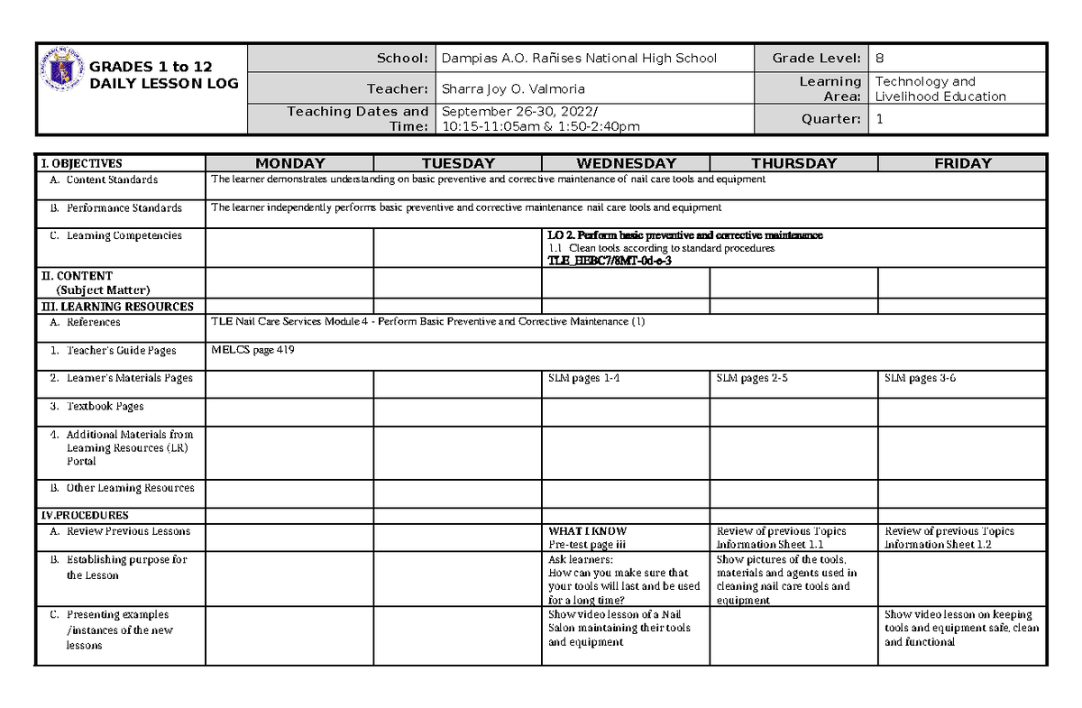 TLE 7 Q1W5 - GRADES 1 to 12 DAILY LESSON LOG School: Dampias A. Rañises ...