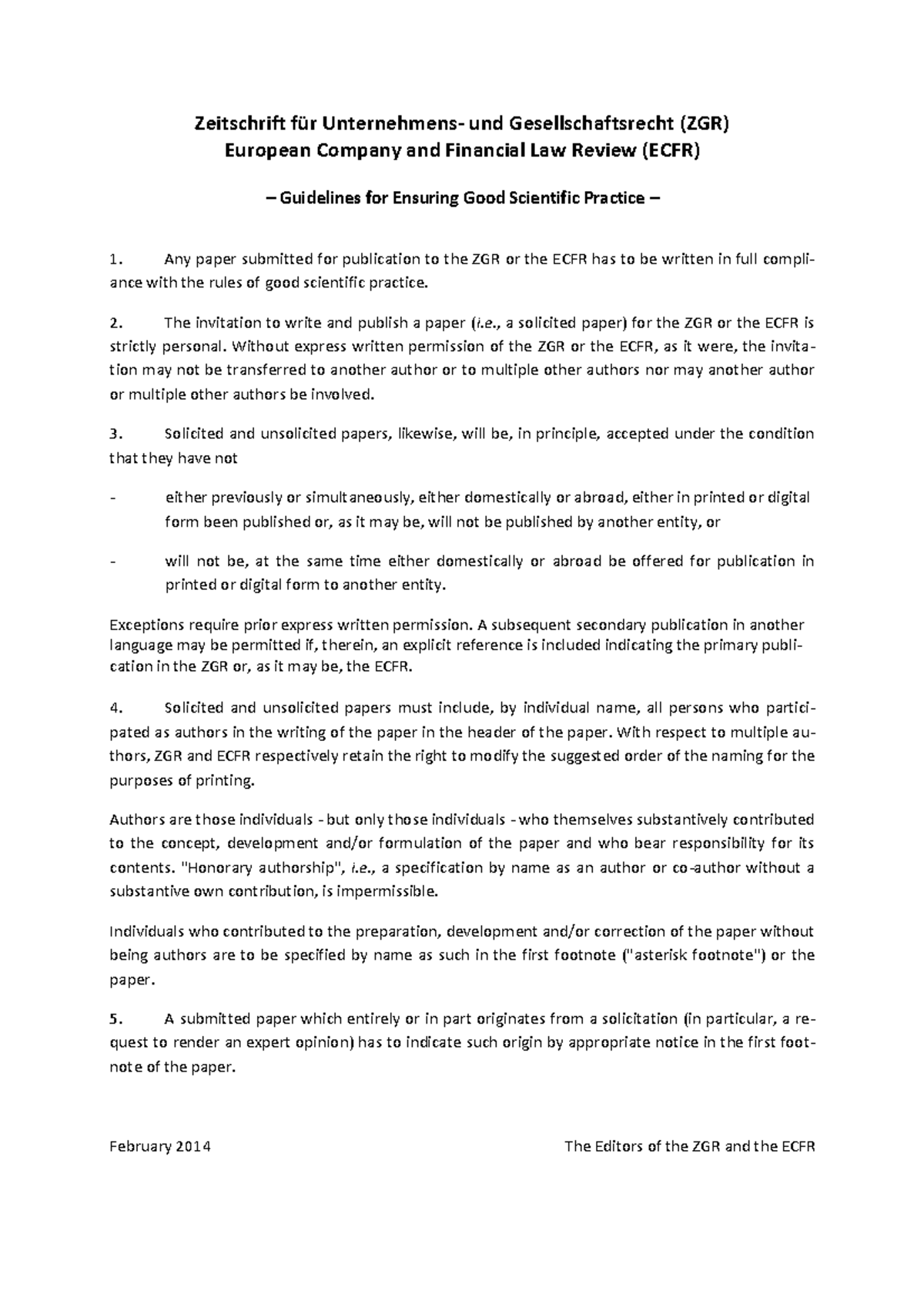 ECFR ZGR ECFR Guidelines for Ensuring Good Research Practices ...