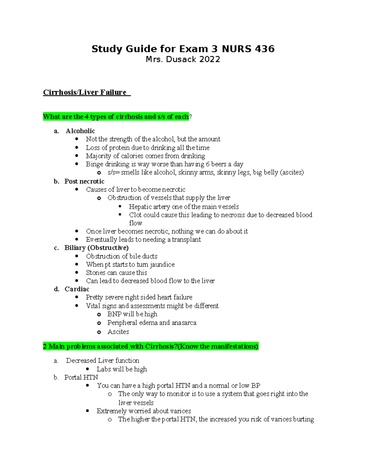 Study Guide+Dusacksnotes - Study Guide for Exam 3 NURS 436 Mrs. Dusack ...