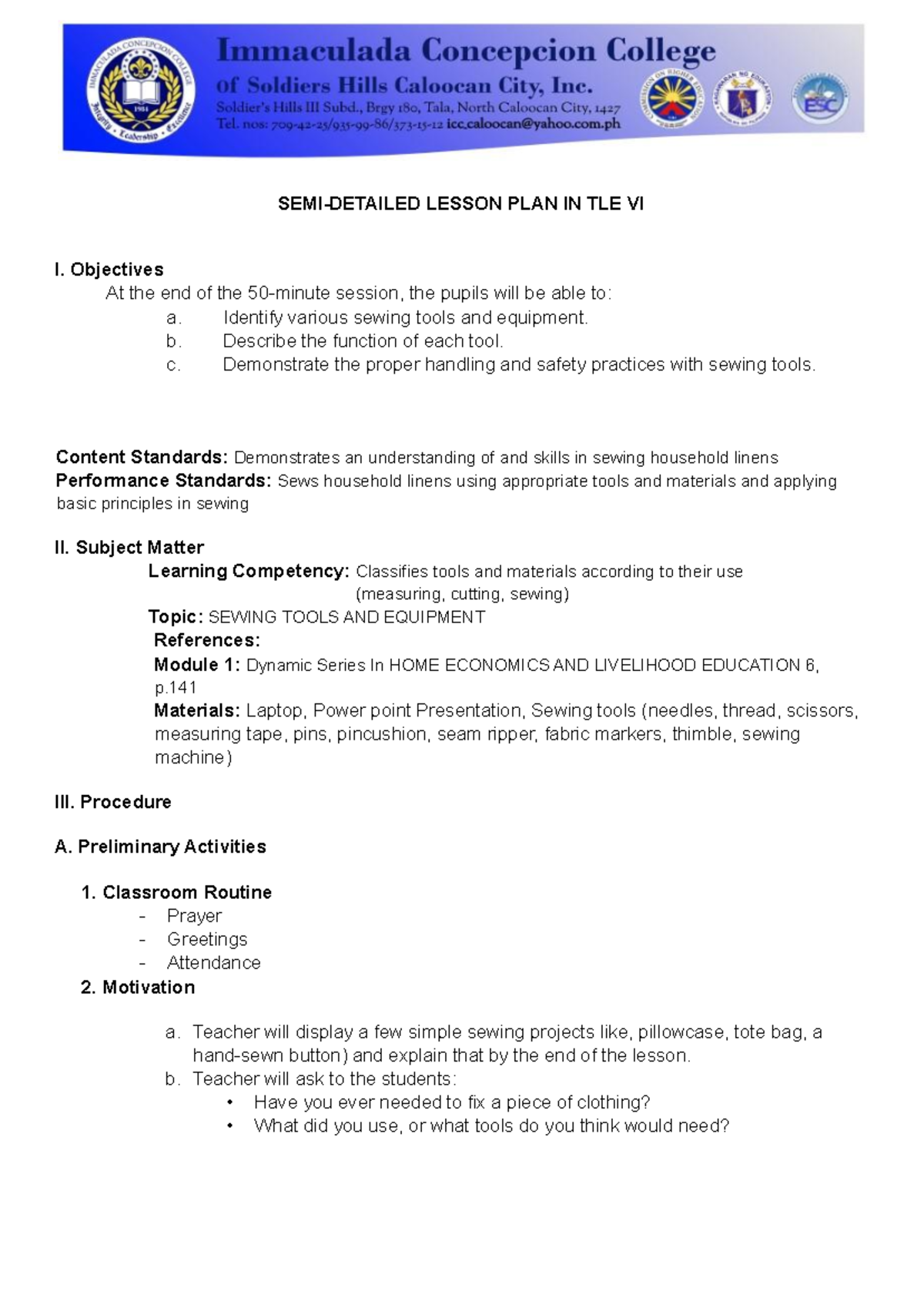 SEMI Detailed Lesson PLAN IN TLE Grade 6 - SEMI-DETAILED LESSON PLAN IN ...