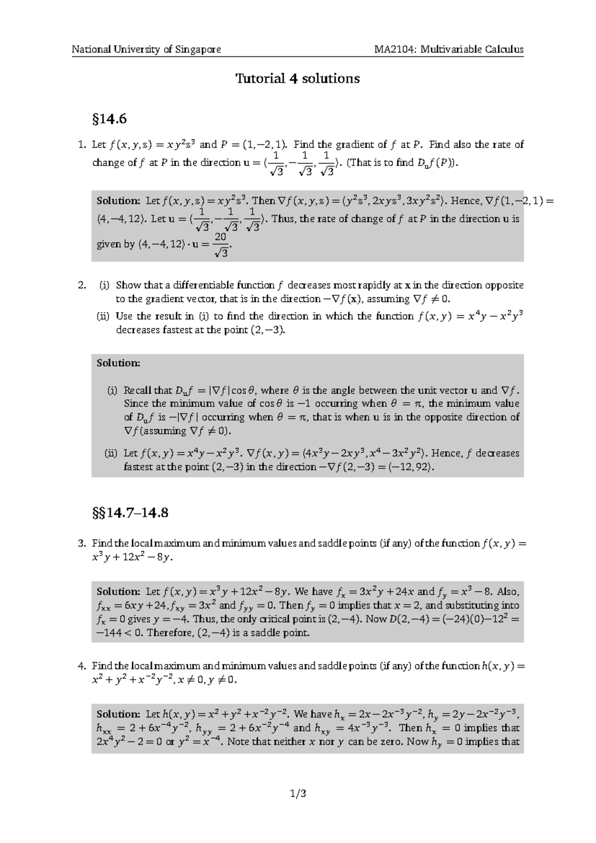 Tutorial 4 sol - National University of Singapore MA2104: Multivariable Calculus Tutorial 4 ...