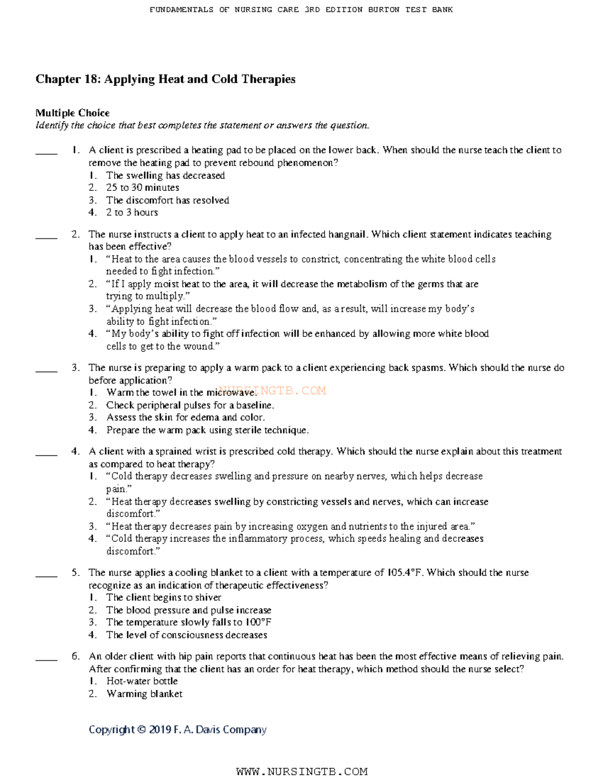 Applying heat and cold therapies CH 18 - NURSINGTB Copyright © 2019 F ...
