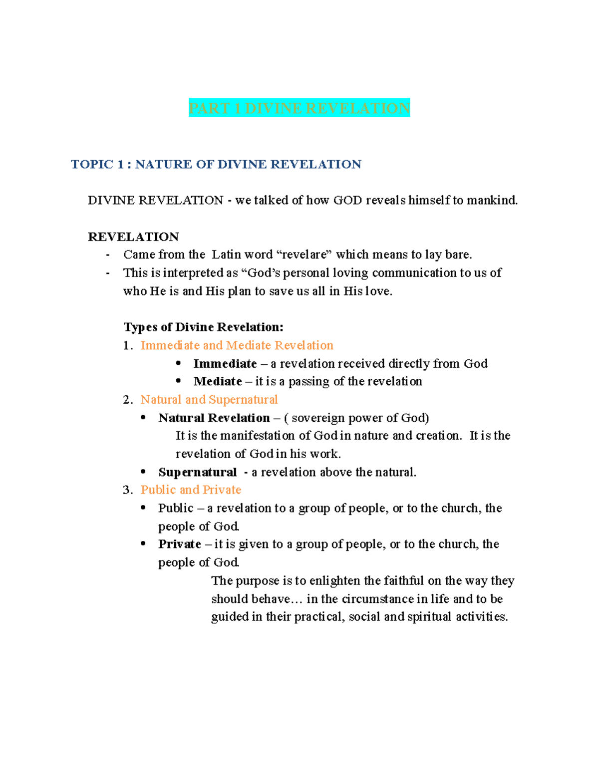 PART1 - Divine Revelation - PART 1 DIVINE REVELATION TOPIC 1 : NATURE ...