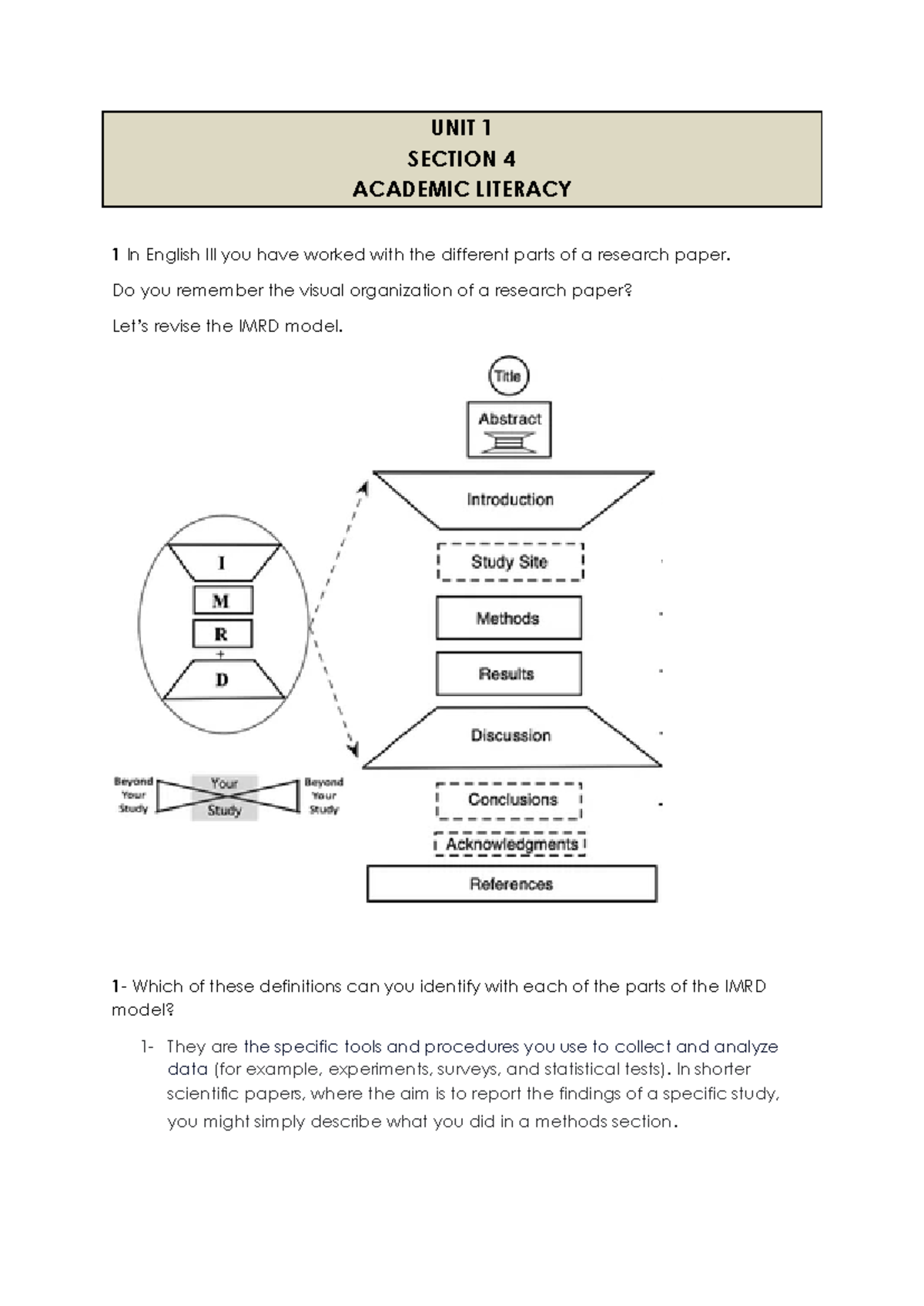 UNIT-1- Section-4-IMRD- Revision - UNIT 1 SECTION 4 ACADEMIC LITERACY 1 In English III you have ...