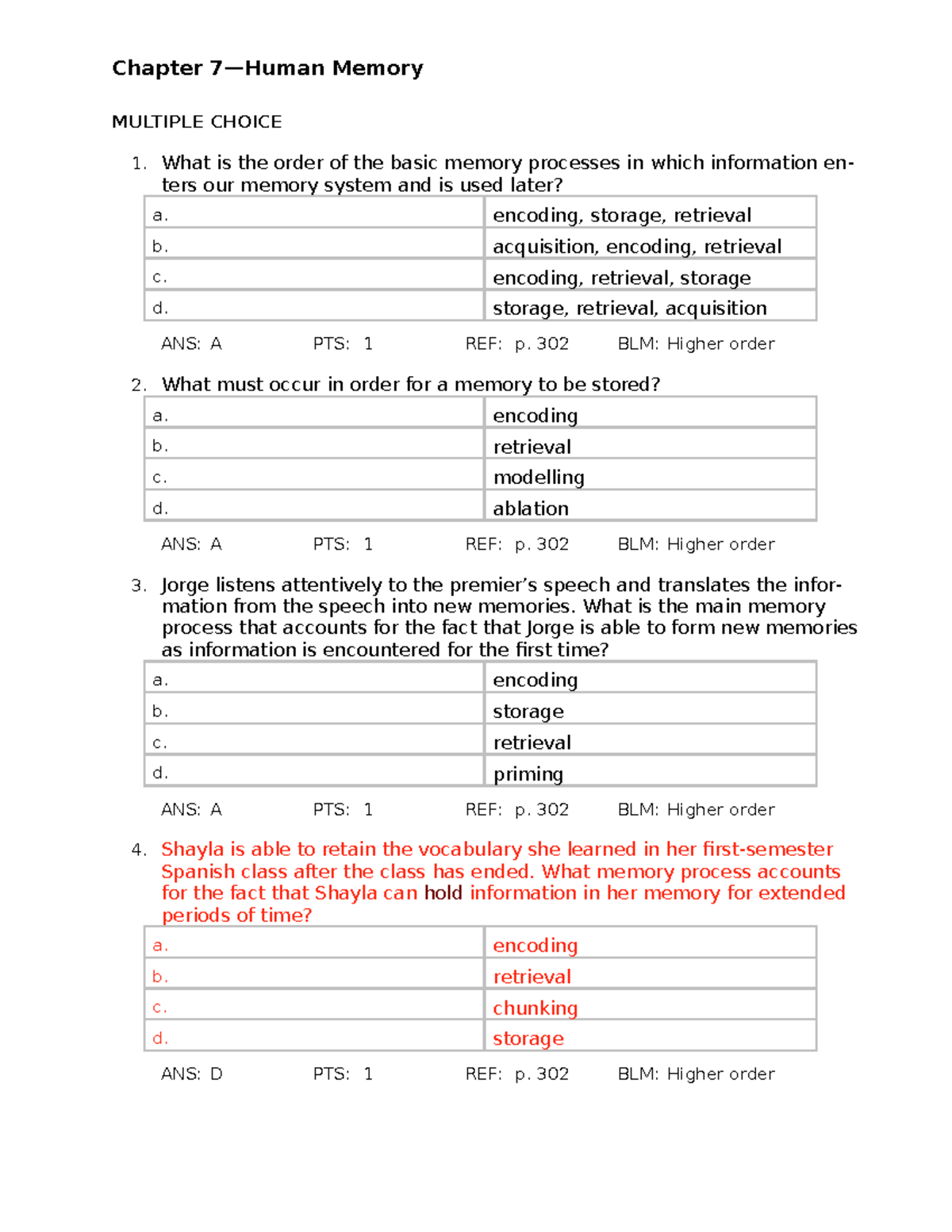 Seminar assignments - chapter 7 - human memory - Chapter Memory ...
