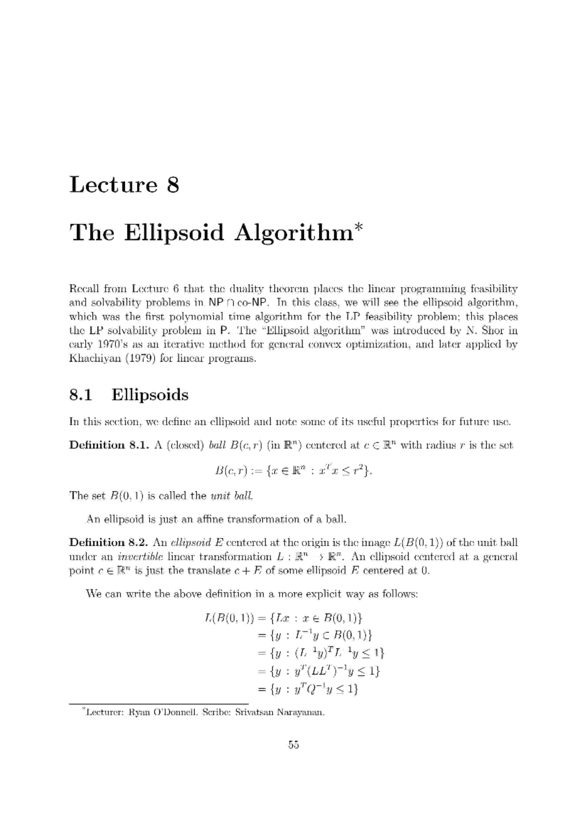 Lecture-8 The Ellipsoid Algorithm - Linear Algebra - Studocu