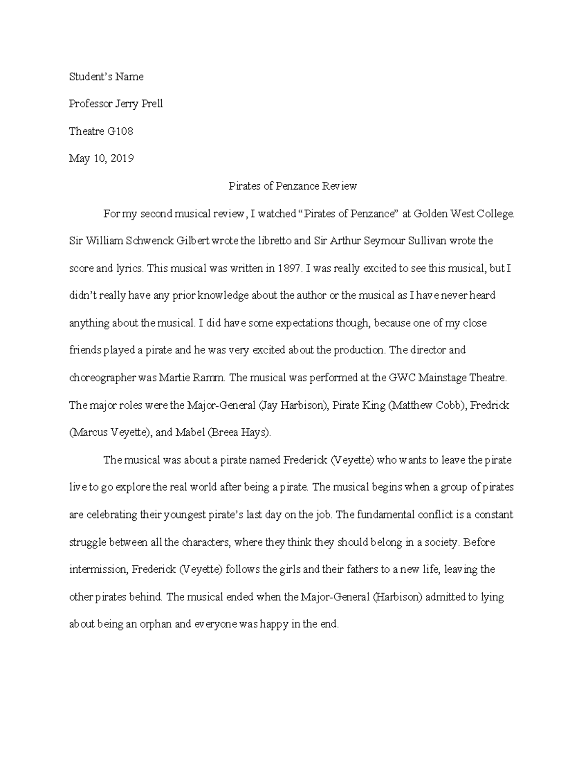 Pirates of Penzance - Student’s Name Professor Jerry Prell Theatre G ...