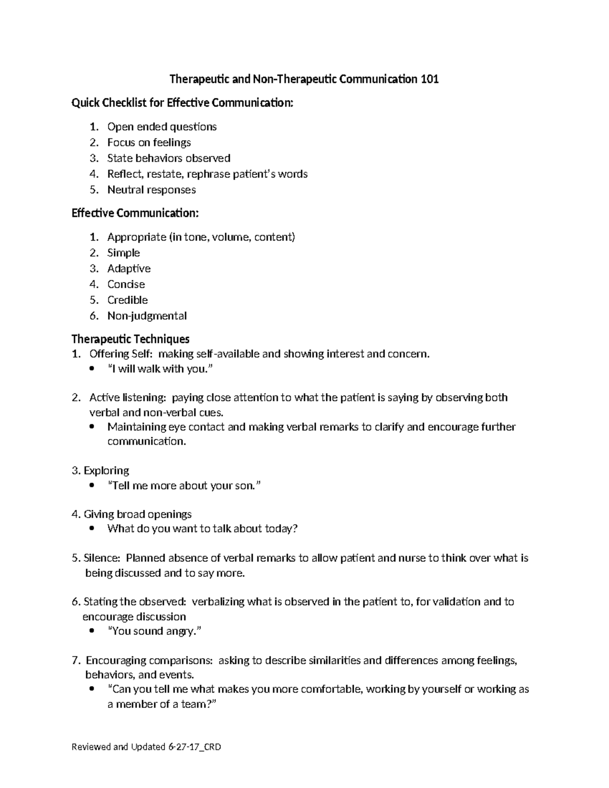 Therapeutic & Non-Therapeutic Communication Notes - Therapeutic and Non ...