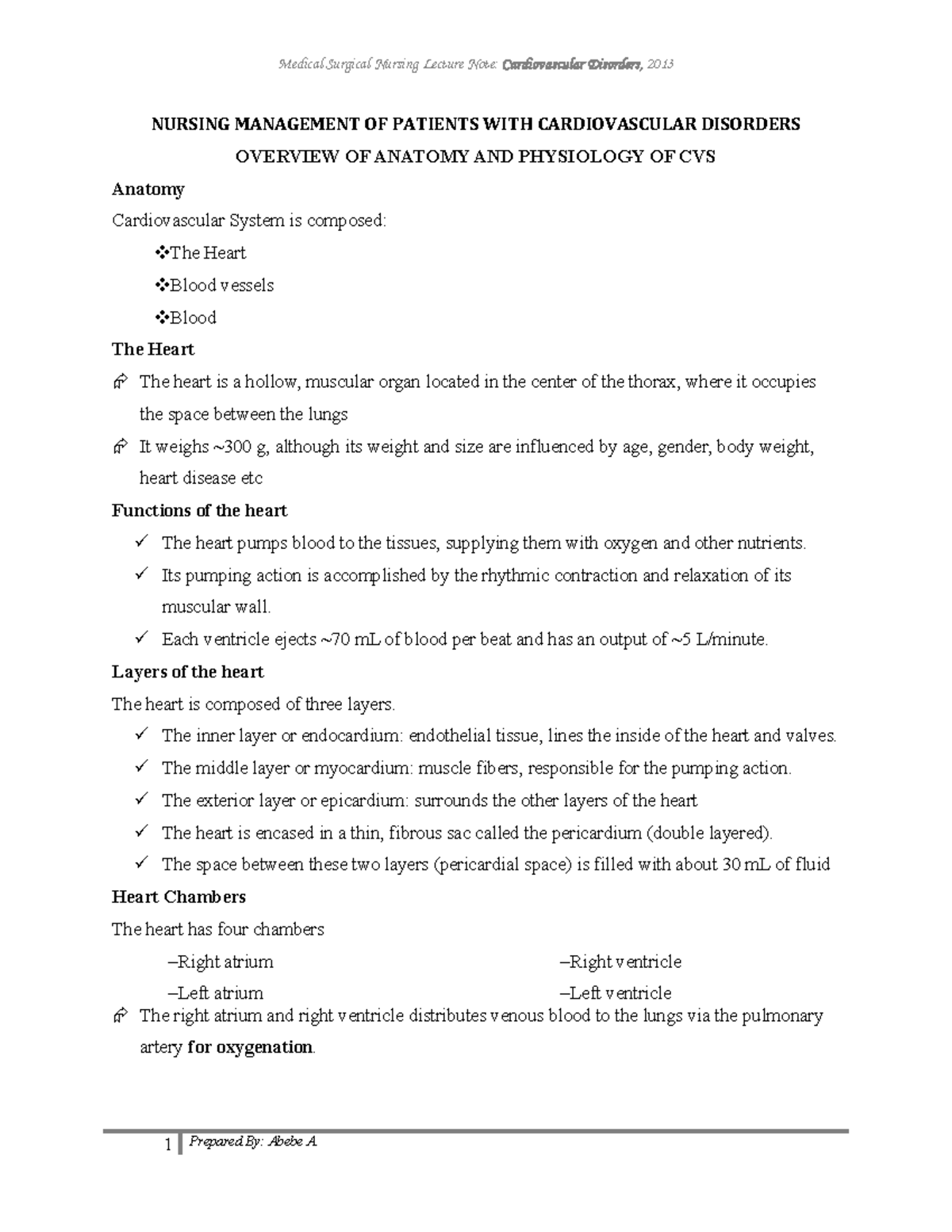 CVD lecture notes - NURSING MANAGEMENT OF PATIENTS WITH CARDIOVASCULAR ...