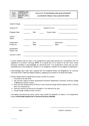 Assignment Project Declaration Form - Final - FACULTY OF BUSINESS AND ...