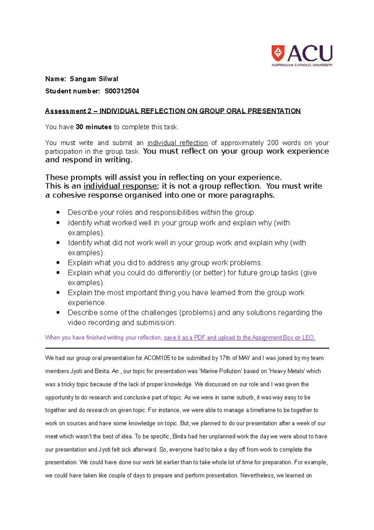 Reflective Writing Template - Name: Sangam Silwal Student number: S ...