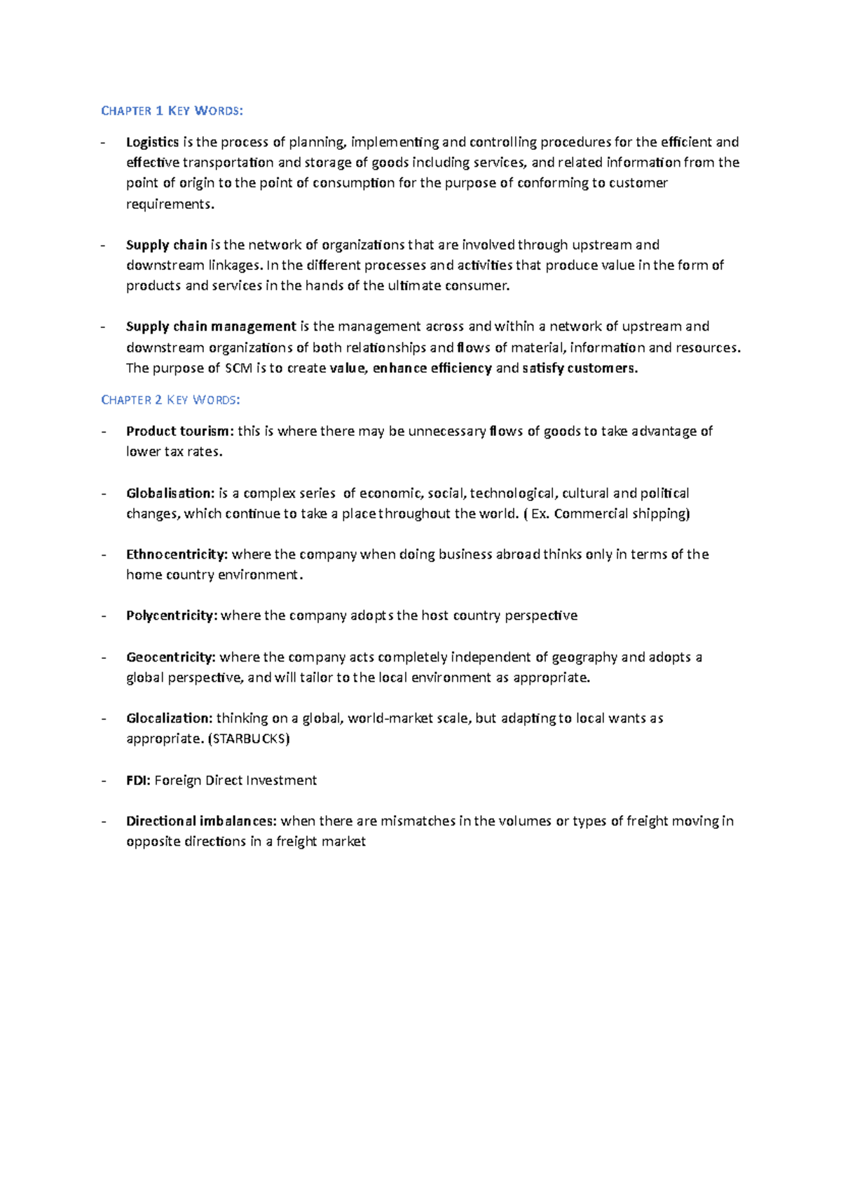 KEY WORD LIST - Samenvatting Global Logistics - CHAPTER 1 KEY WORDS ...
