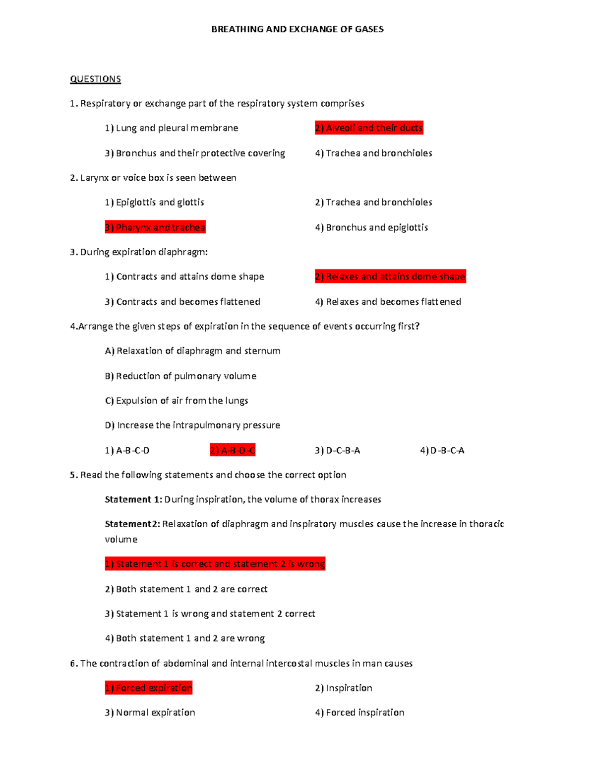 7 Biology NEET Questions AND Answers; Breathing AND Exchange OF Gases ...