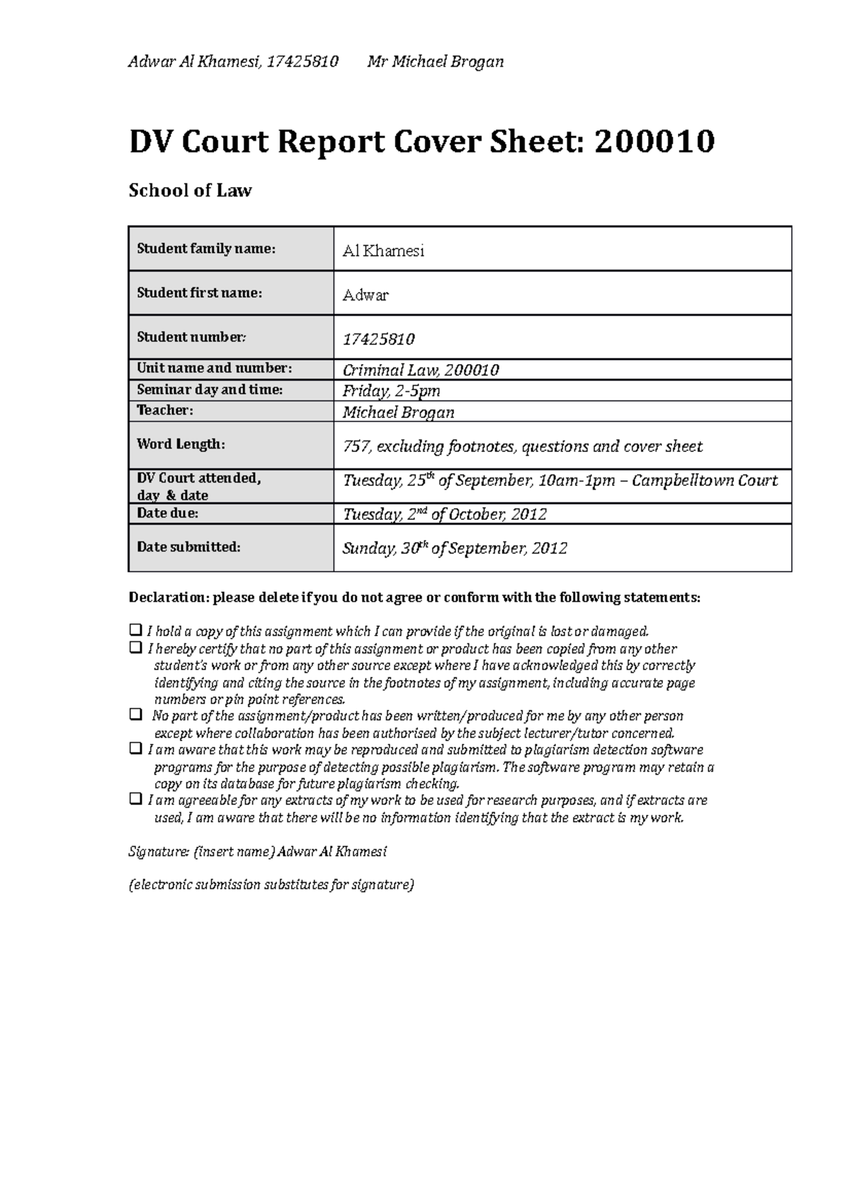 Seminar assignments - Domestic Violence court report - DV Court Report ...