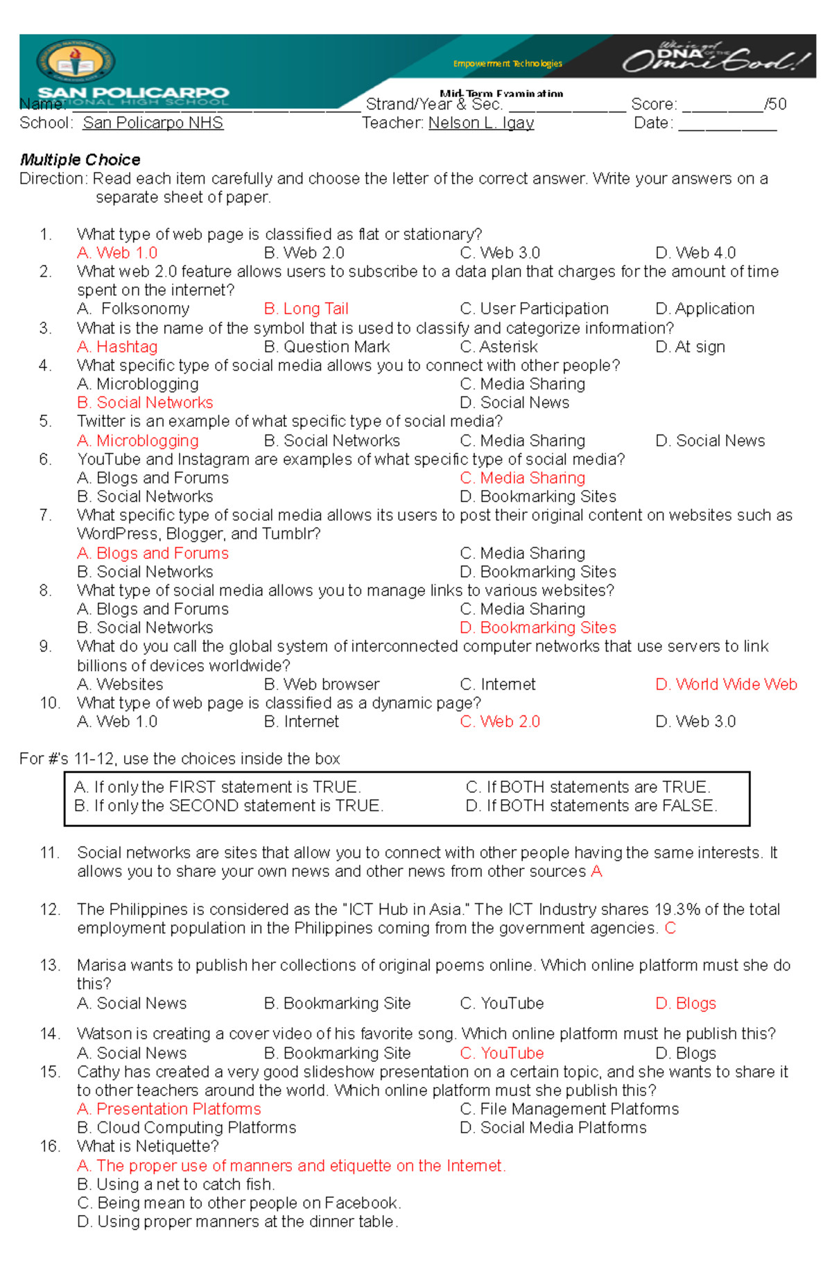 Mid Term Exam Answers Key - Name ...