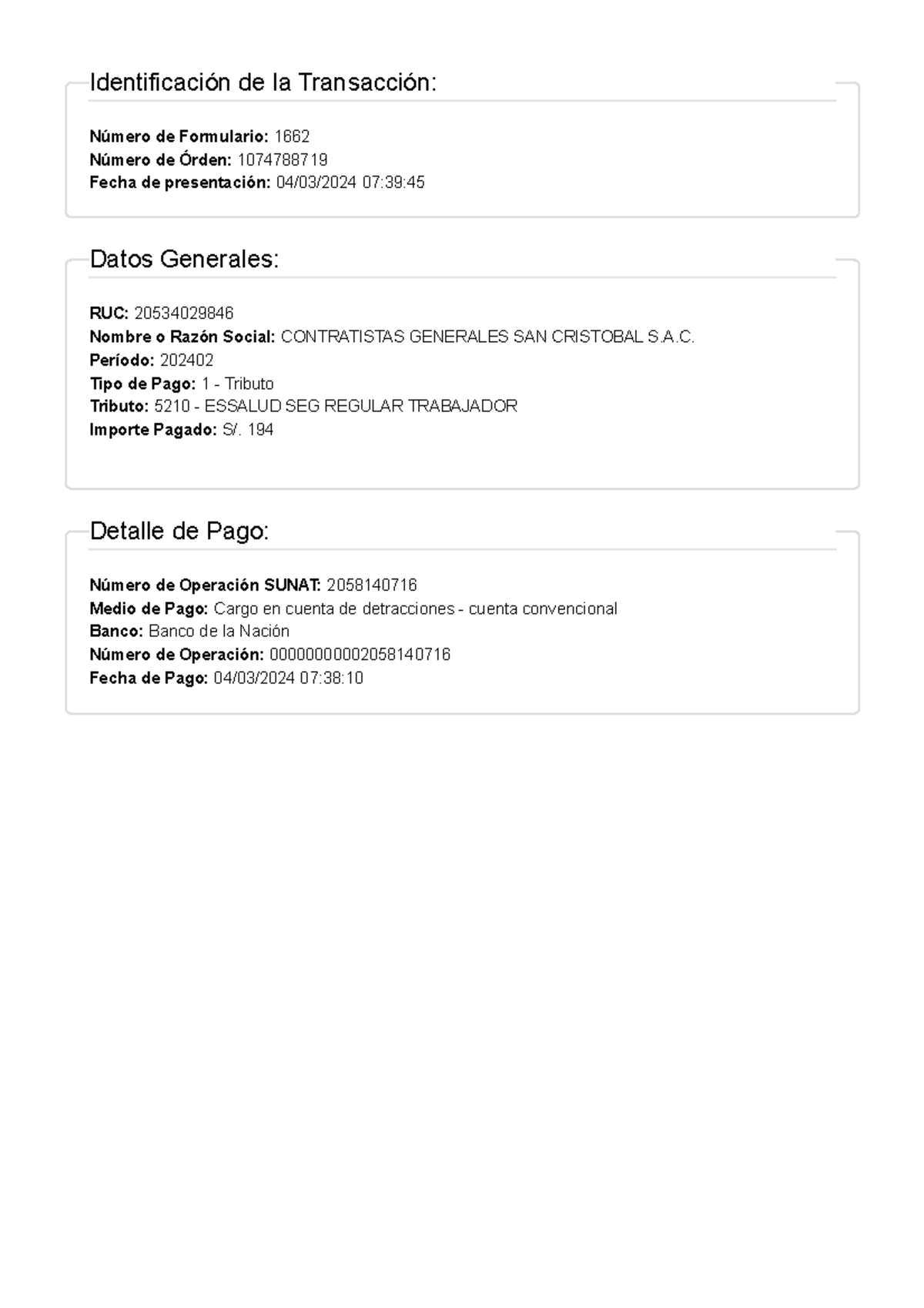 Pago de essalud - dfds - Identificación de la Transacción: Número de ...