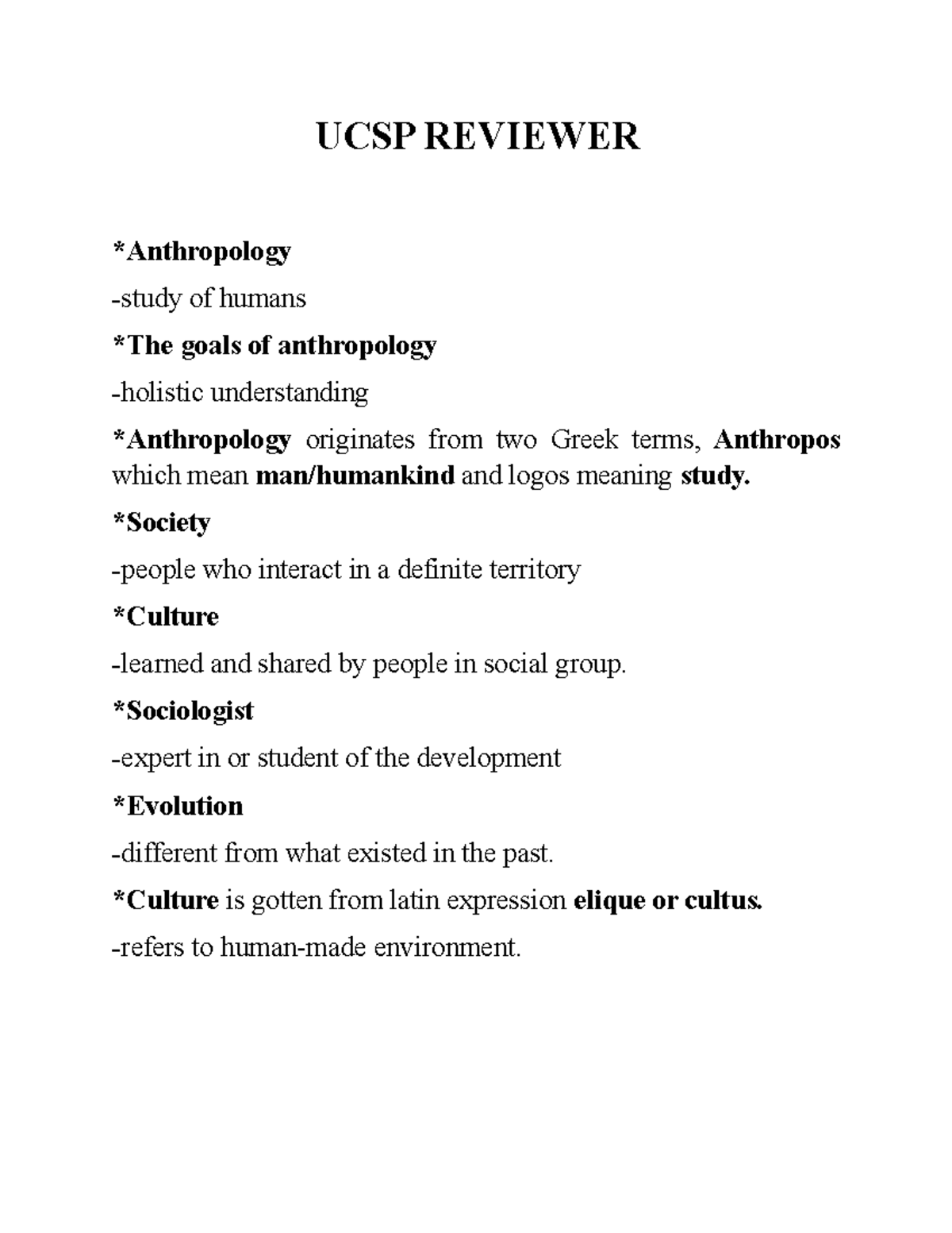 UCSP Reviewer - 3 UCSP REVIEWER *Anthropology study of humans *The ...