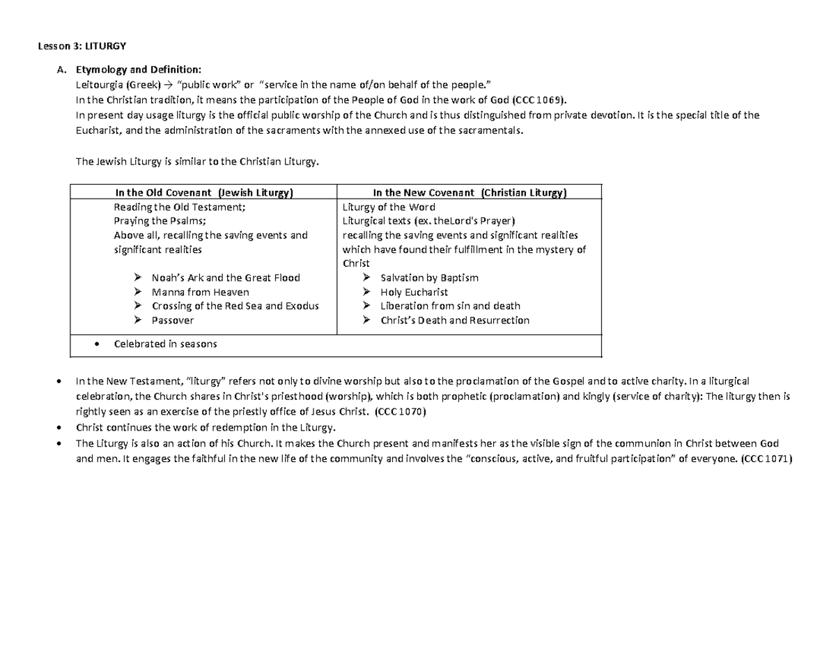 LESSON 3: LITURGY FUNDAMENTALS OF FAITH SHS - Lesson 3: LITURGY A ...