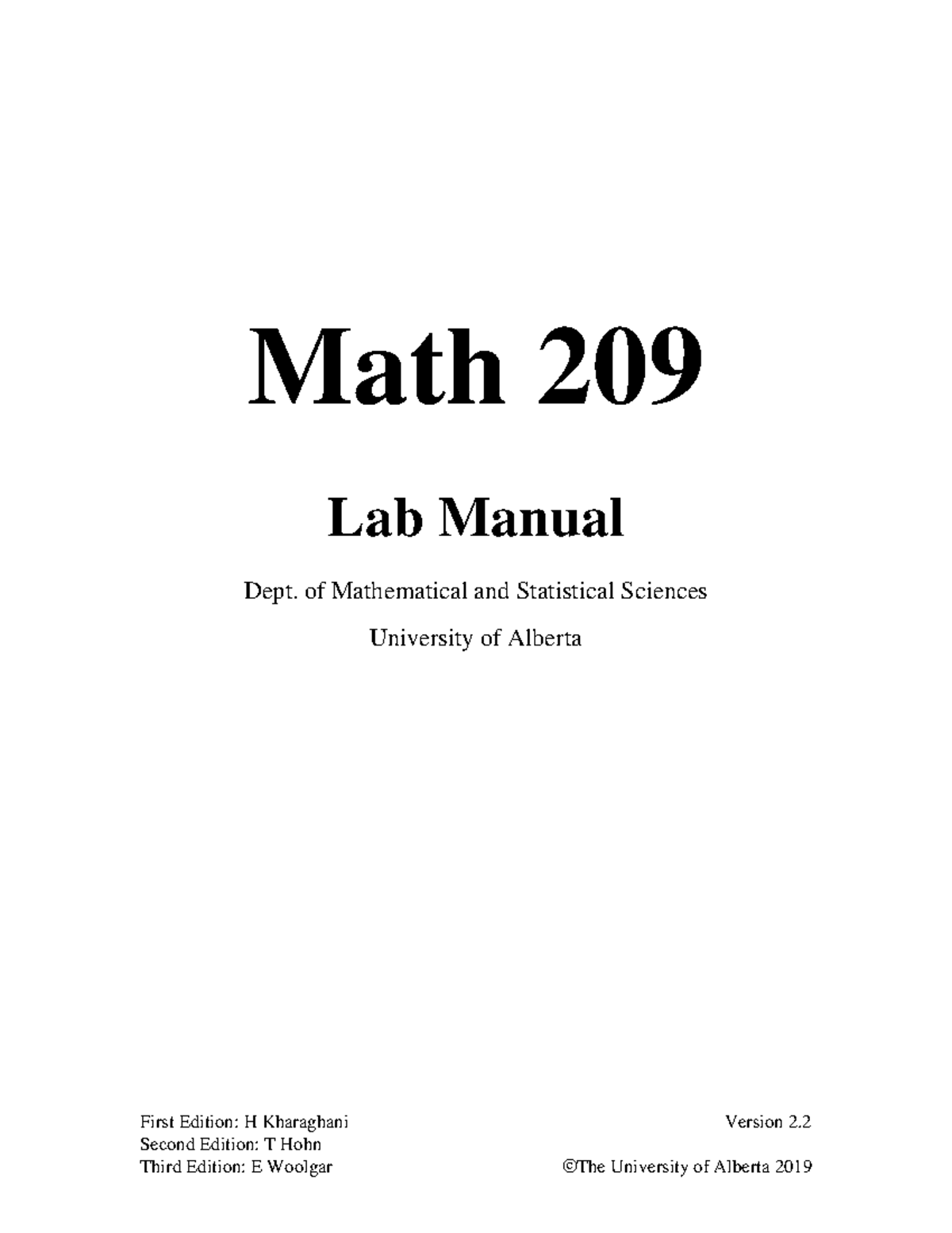 Lab Manual Math 209 - First Edition: H Kharaghani Version 2. Second ...
