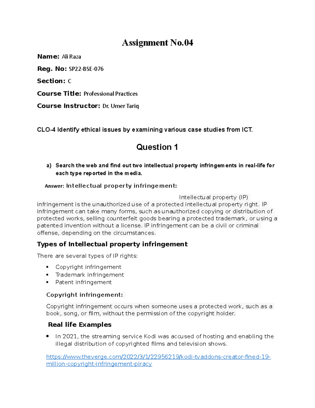 Sp22 bse 076 C 4 - Assignment No. Name: Ali Raza Reg. No: SP22-BSE- Section: C Course Title ...