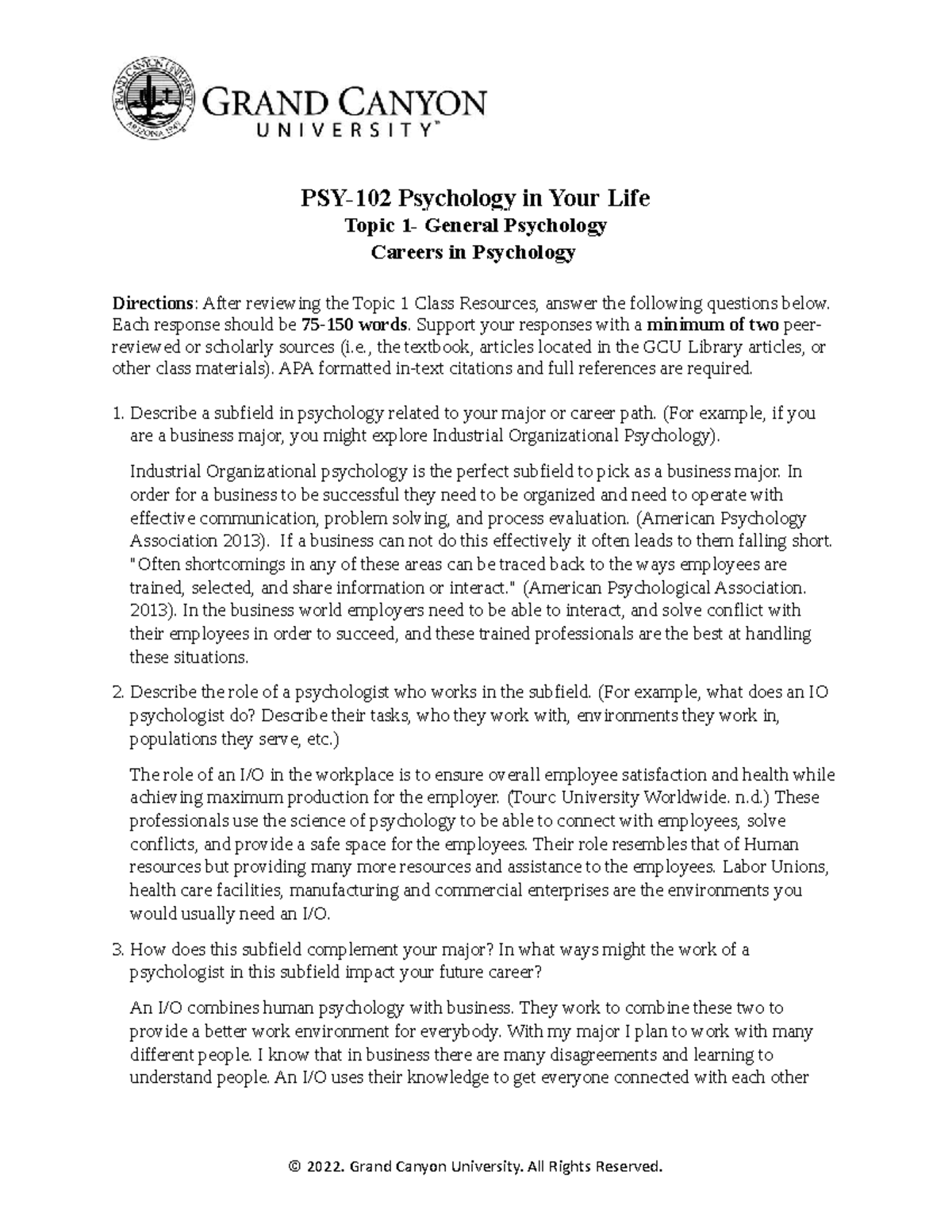 Careers in Psycholgy - Casreer in psychology worksheet - PSY-102 ...