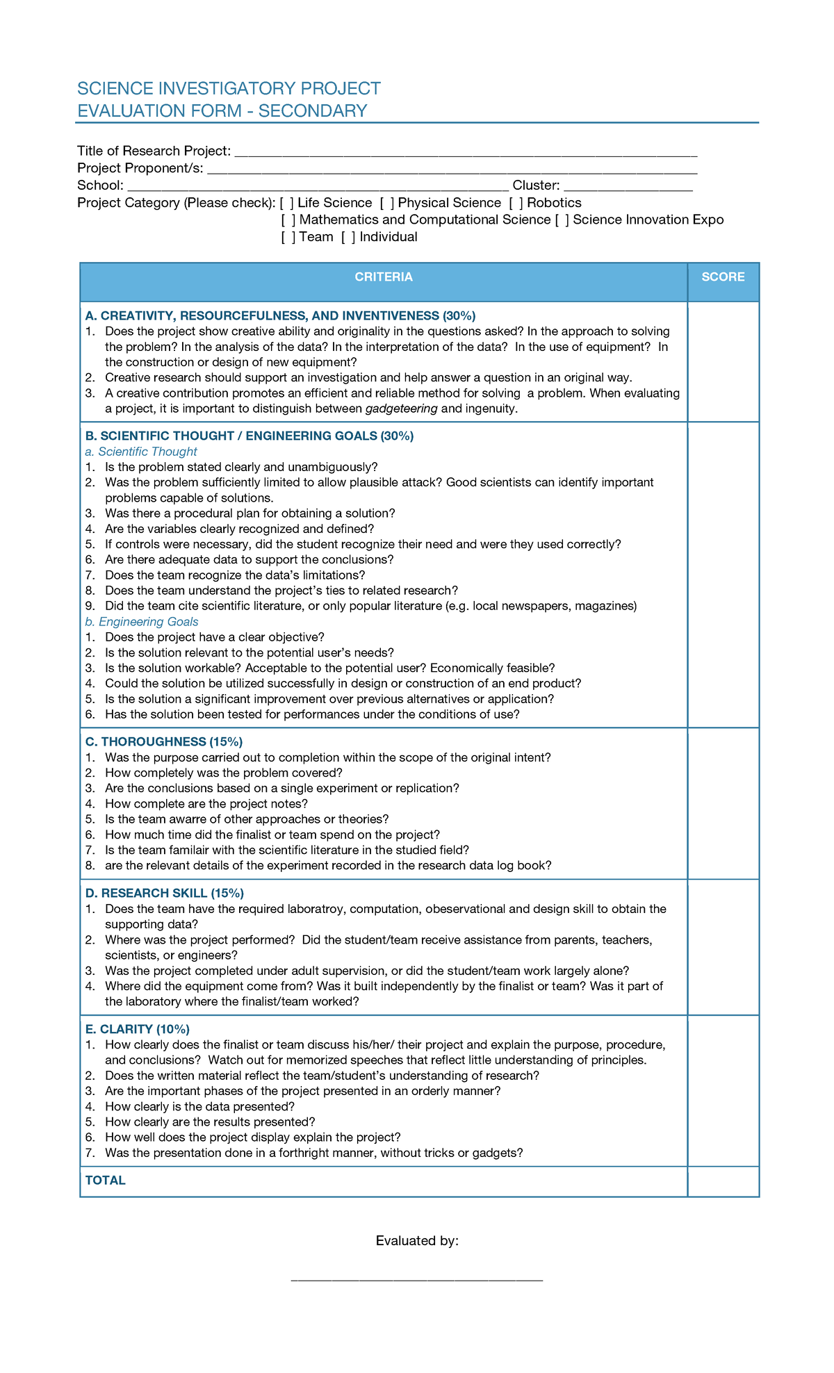 SIP Evaluation Guide - Sample - SCIENCE INVESTIGATORY PROJECT ...