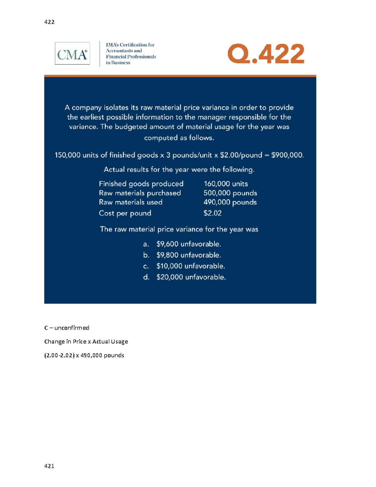 CMA Popquiz - CMA quizzes - 422 C – unconfirmed Change in Price x ...