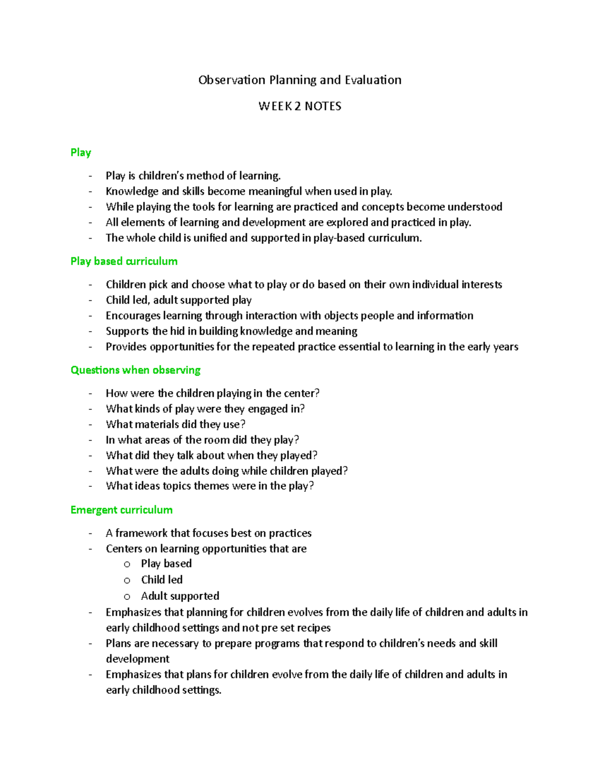 Week 2 notes - Observation Planning and Evaluation WEEK 2 NOTES Play ...