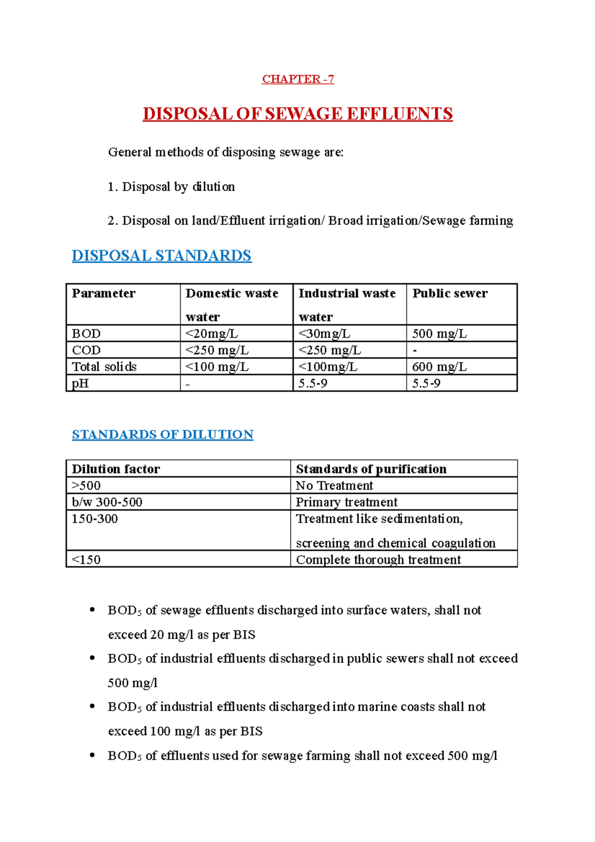 Sanitary Engineering Chapter 7 - CHAPTER - DISPOSAL OF SEWAGE EFFLUENTS ...
