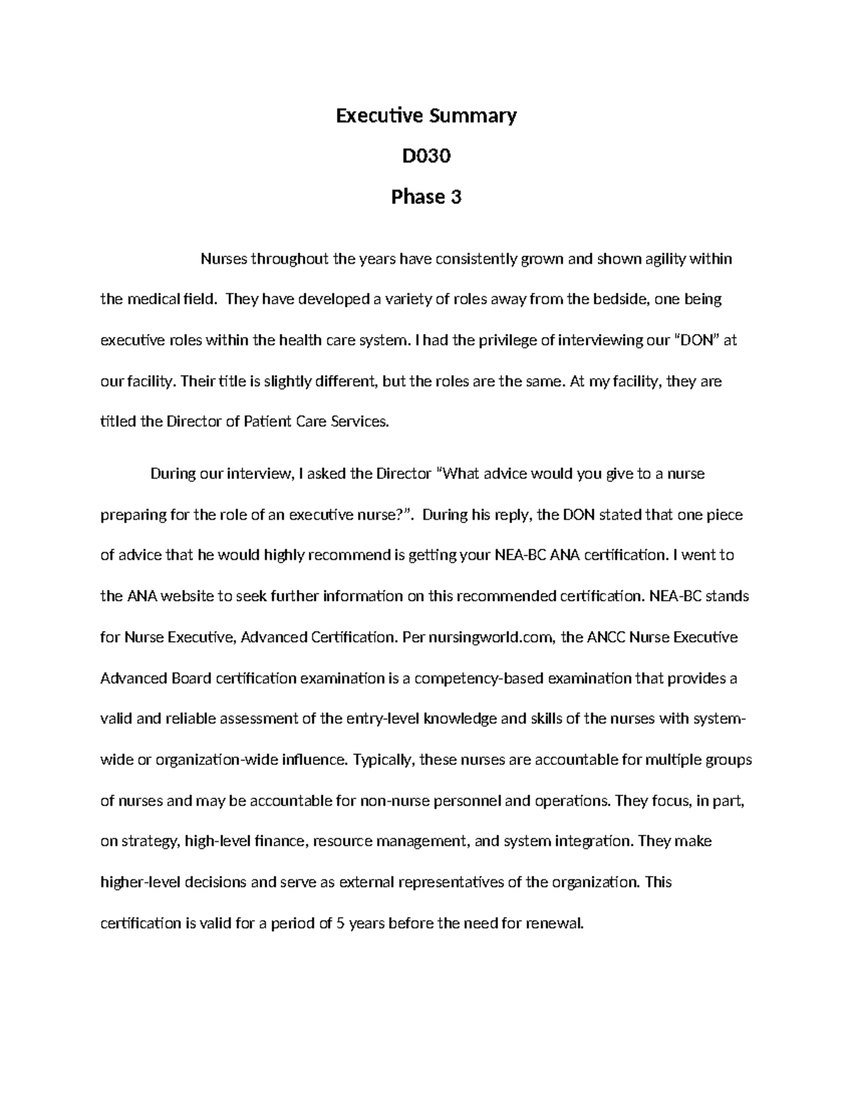 D030 Executive Summary - Executive Summary D Phase 3 Nurses throughout ...