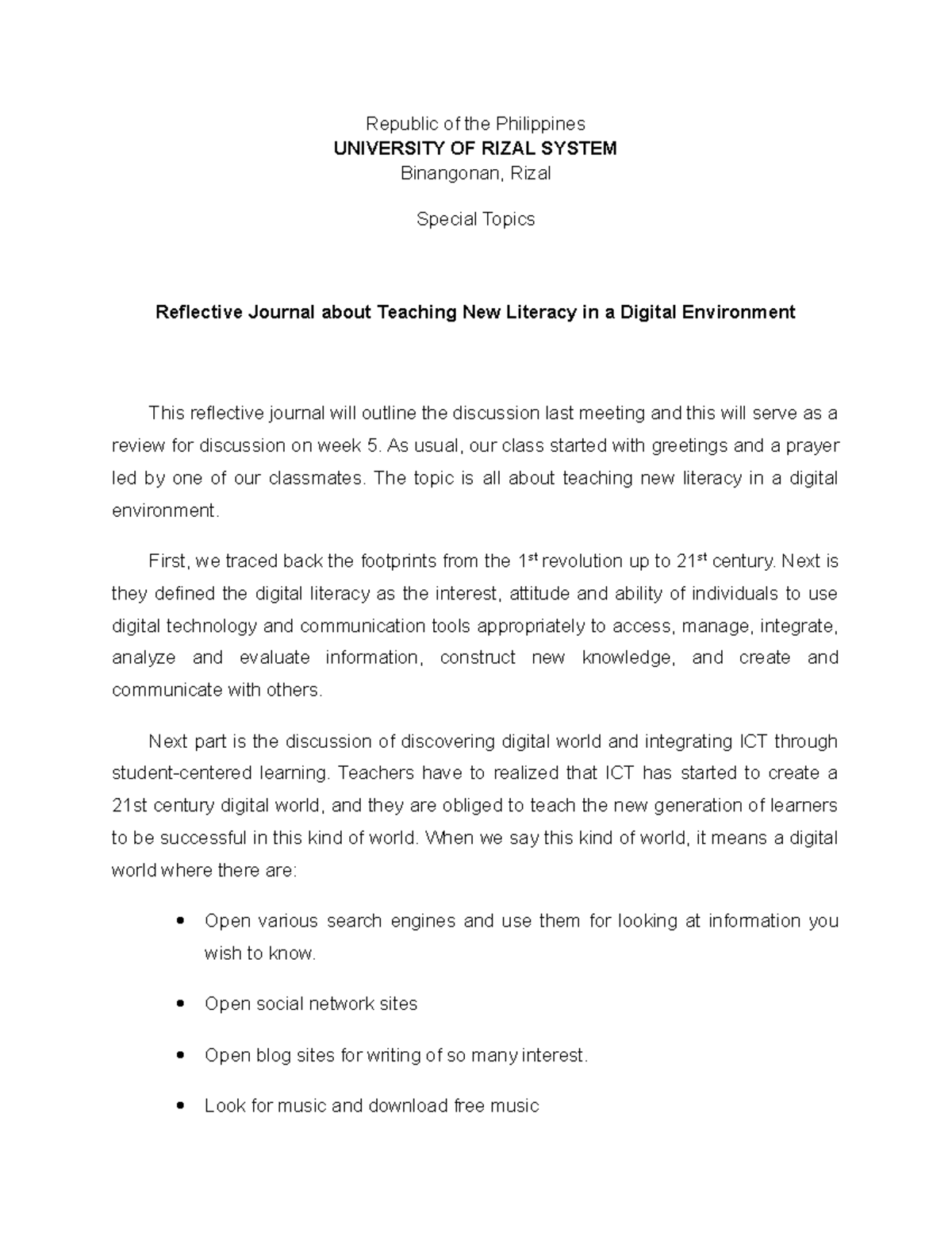 Reflective Journal about Teaching New Literacy in a Digital Environment ...