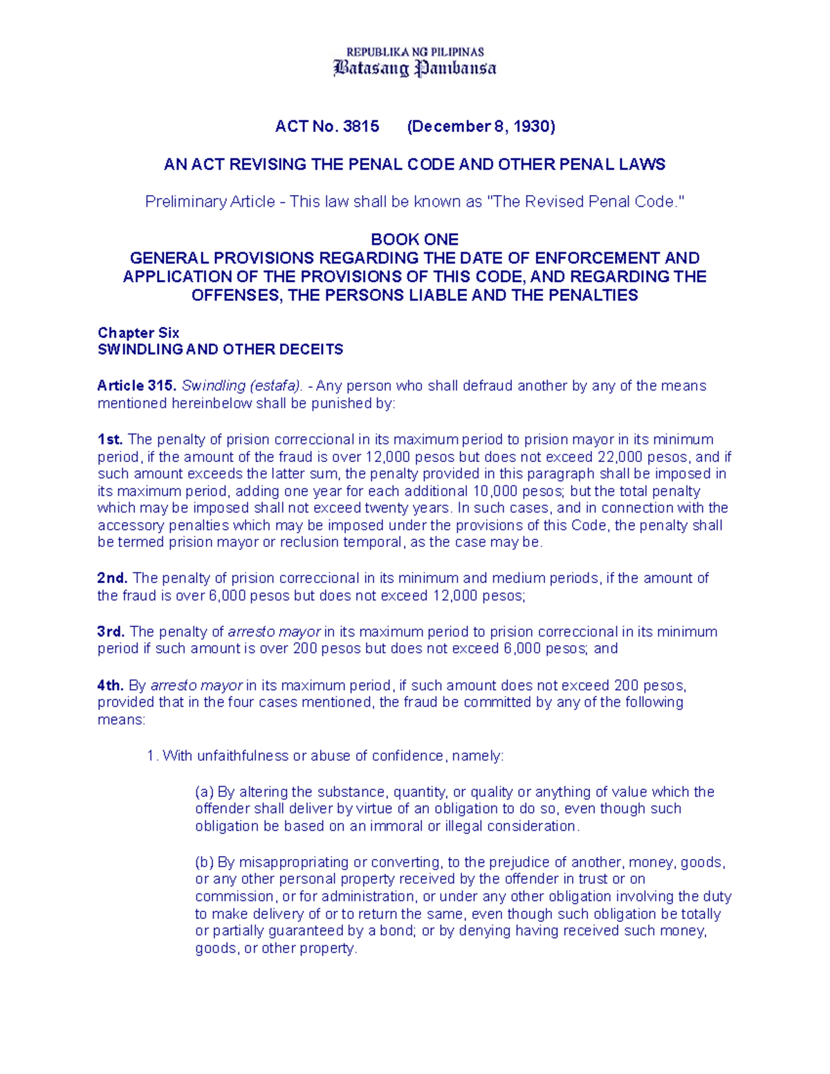 ART315 - Swindling and Other Deceits - ACT No. 3815 (December 8, 1930 ...