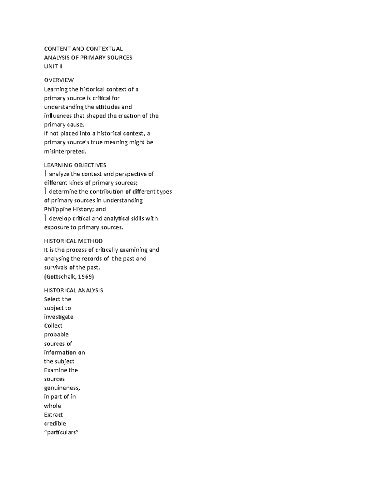 Content And Contextual Analysis Of Primary Sources CONTENT AND