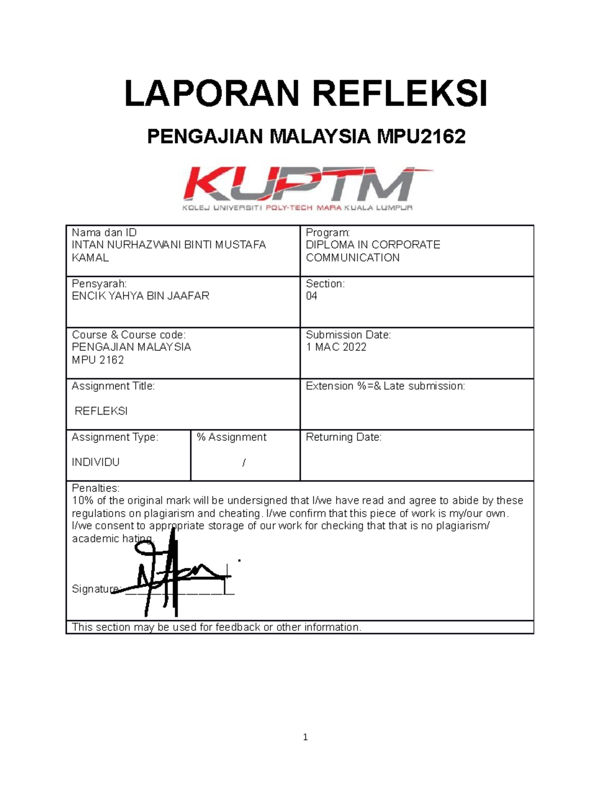 Template%20Laporan%20Refleksi%20 - LAPORAN REFLEKSI PENGAJIAN MALAYSIA MPU Nama dan ID INTAN ...