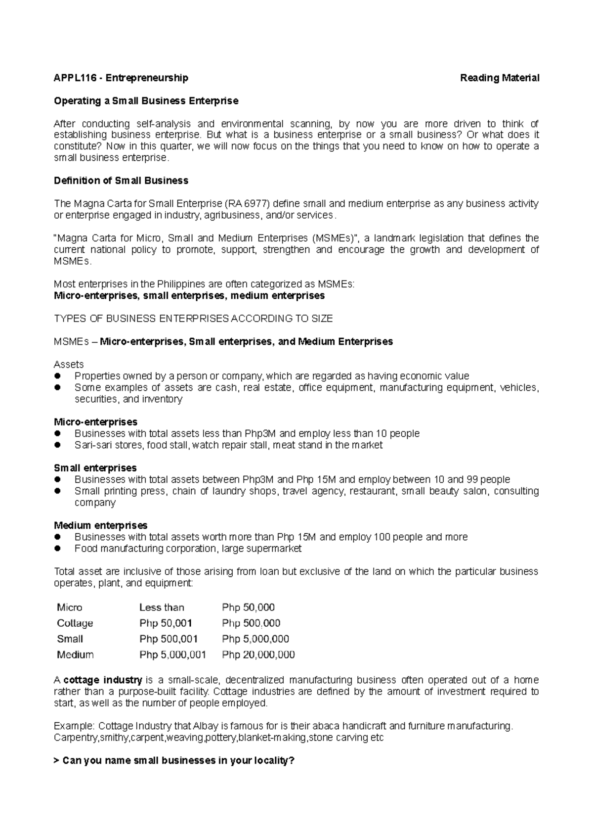 Reading Material - Operating a Small Business Enterprise - APPL116 ...