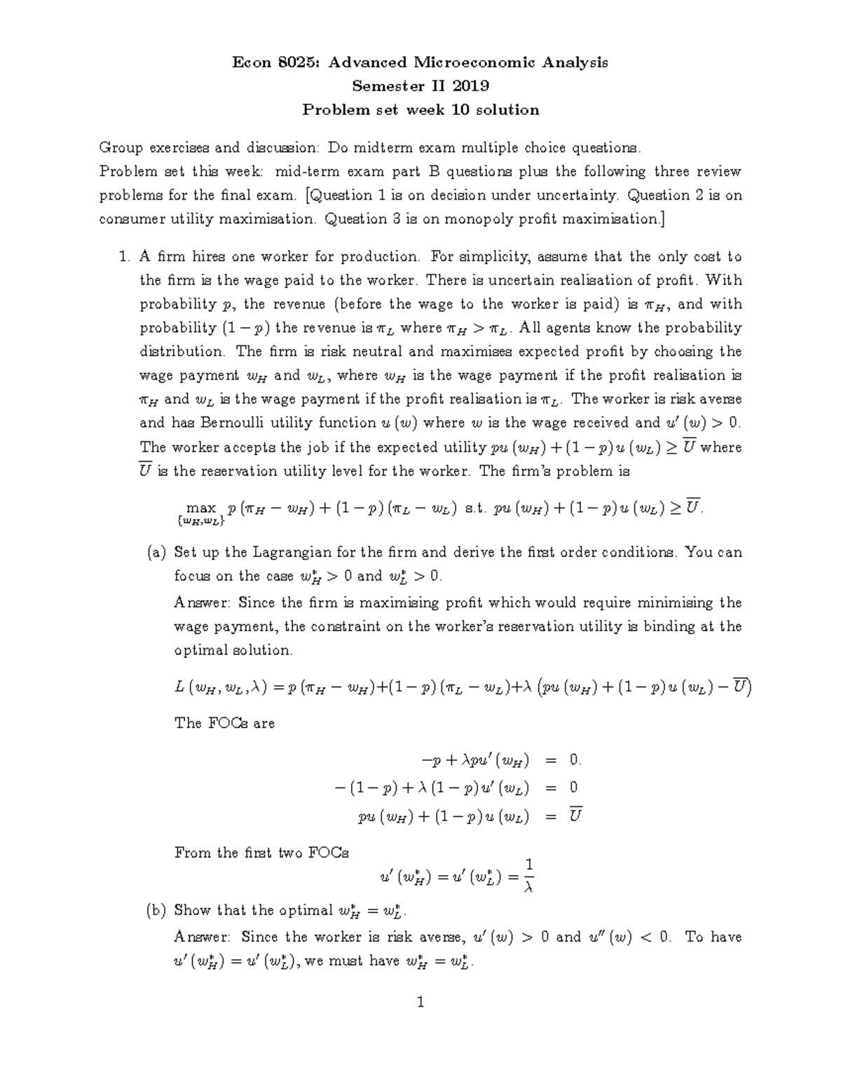 PSW10Soln - Econ 8025: Advanced Microeconomic Analysis Semester II 2019 ...