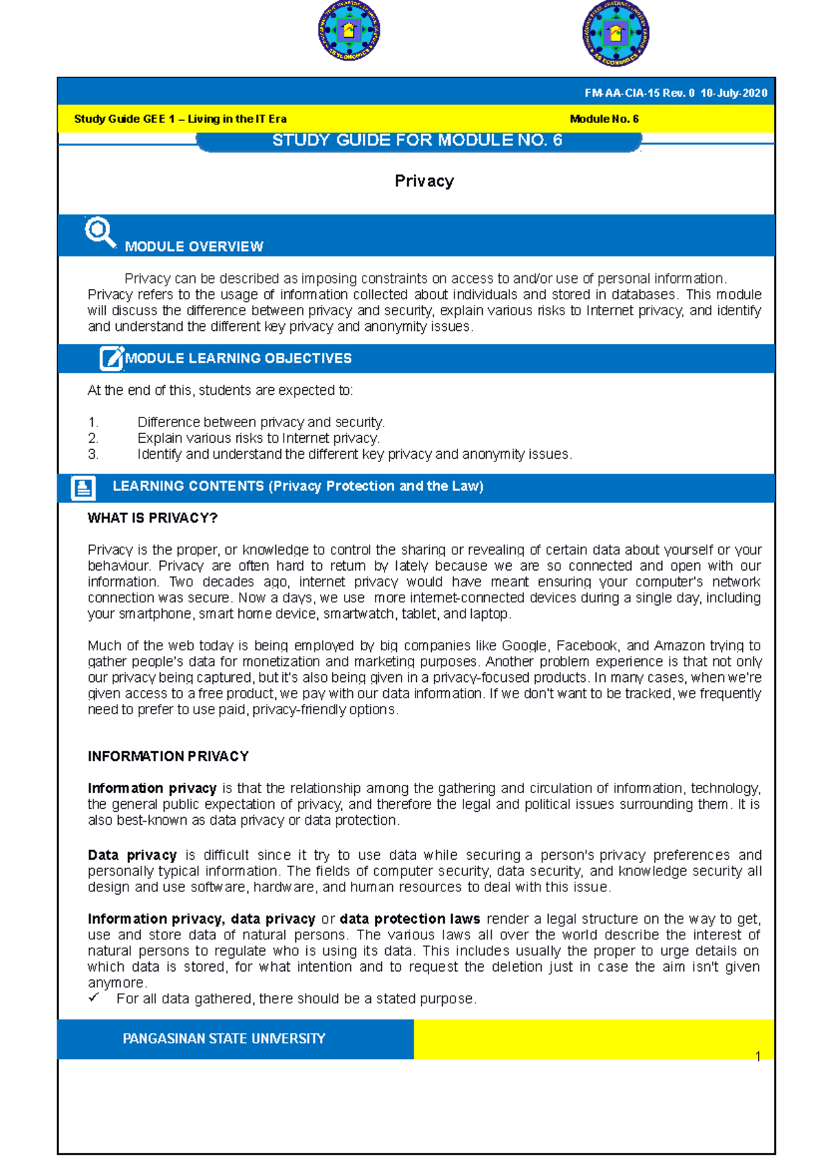 GEE-1 SG6 - I hope it will help - Privacy MODULE OVERVIEW Privacy can ...