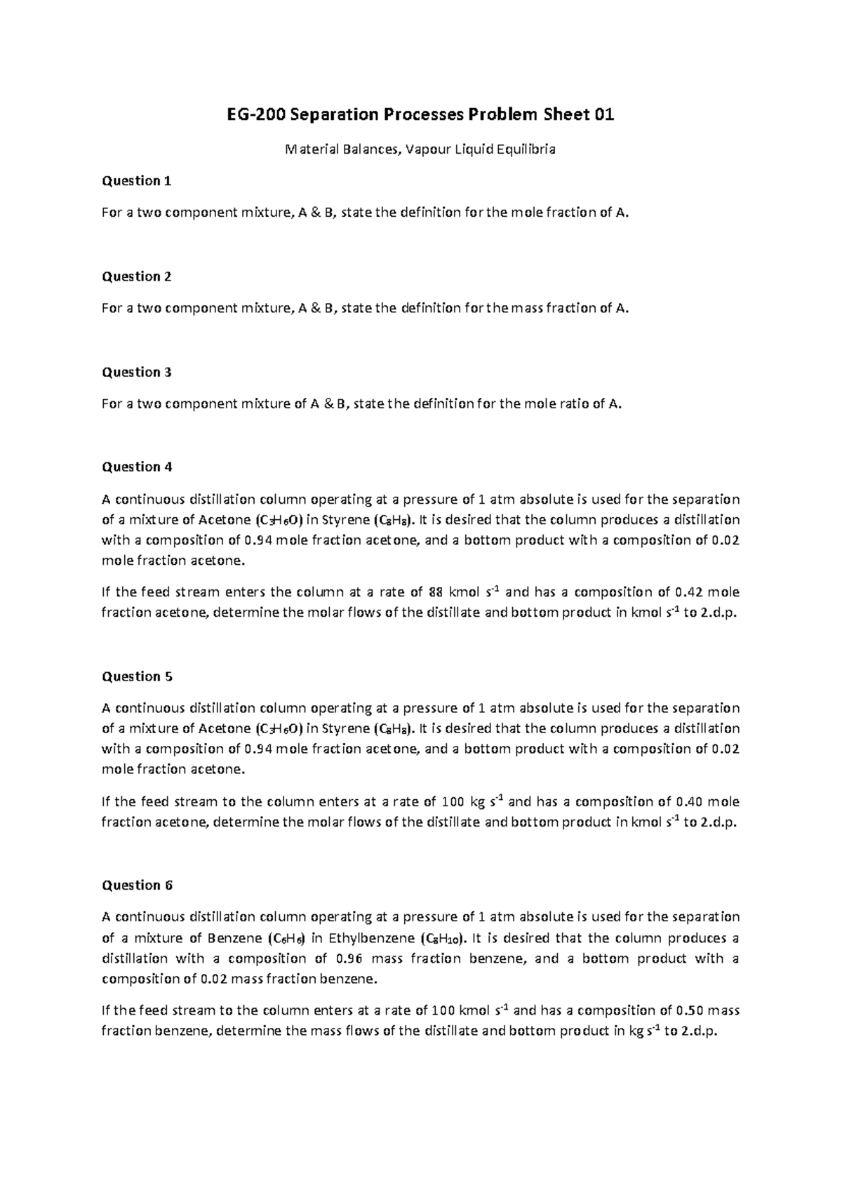 01 Problem Sheet - Material Balances and VLE - EG-200 Separation ...
