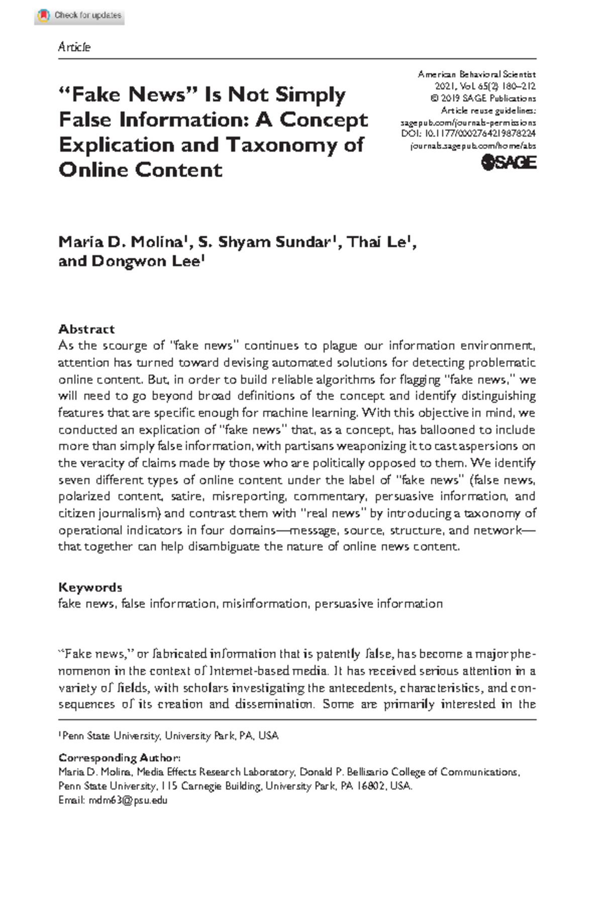 ON FAKE NEWS - Essay - doi/10.1177/ American Behavioral Scientist 2021 ...