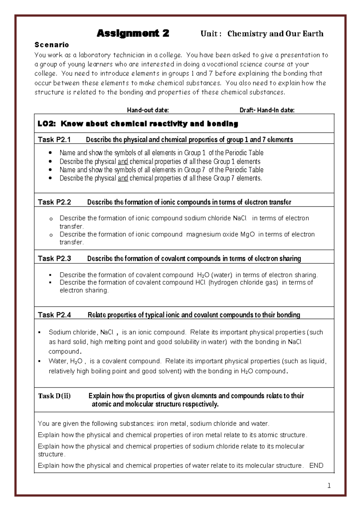 Assignment 2 - Chemistry and Our Earth - Assignment 2 Unit : Chemistry and Our Earth Scenario ...