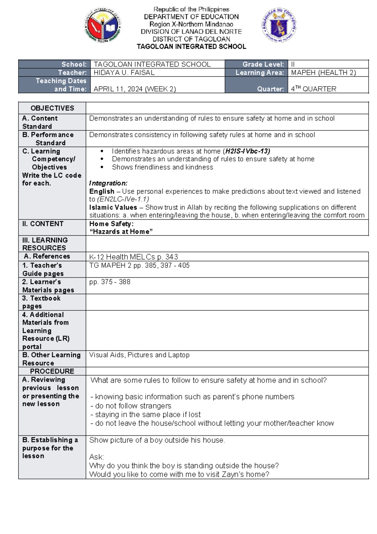 Final Lesson Plan in Mapeh 2 ( Health) COT 4TH Q WEEK 3 April 11, 2024 - School: TAGOLOAN ...