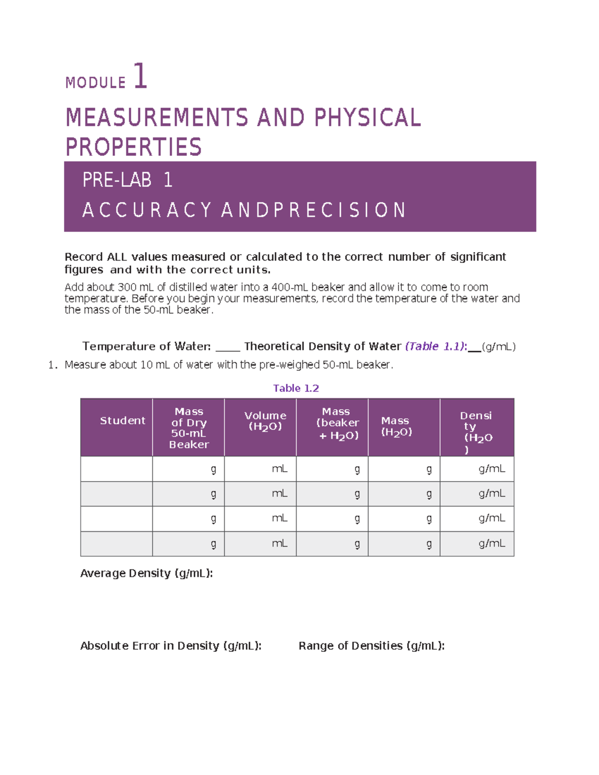 MOD 1 Pre-Lab Worksheet - M O DU LE 1 MEASUREMENTS AND PHYSICAL ...