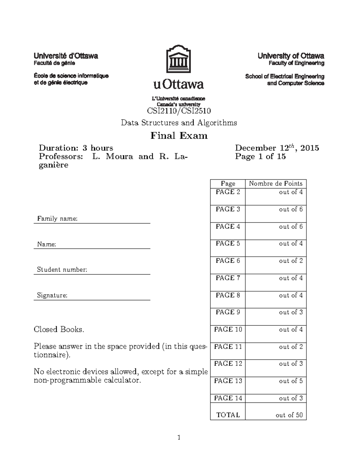 Final 18 December 2018, questions and answers - CSI2110/CSI Data Structures and Algorithms Final ...